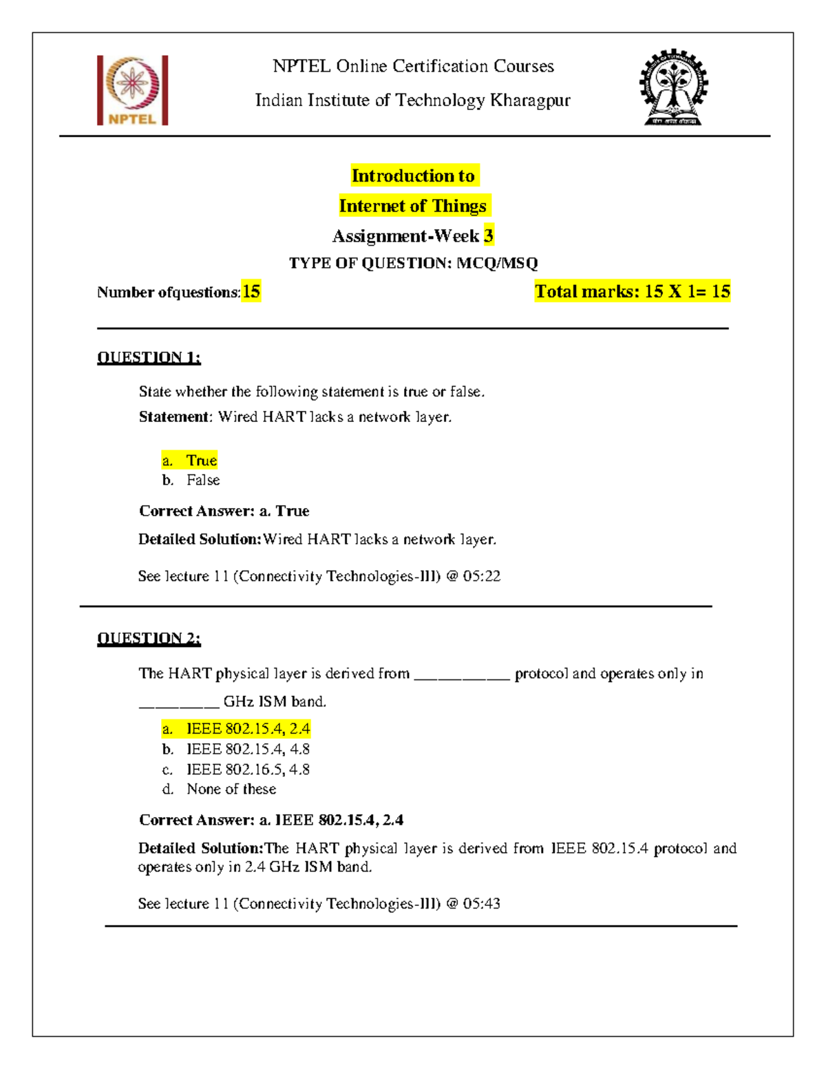 Nptel Io T Week 3 Assignment by Ateeq 10 - Indian Institute of Technology Kharagpur Introduction ...