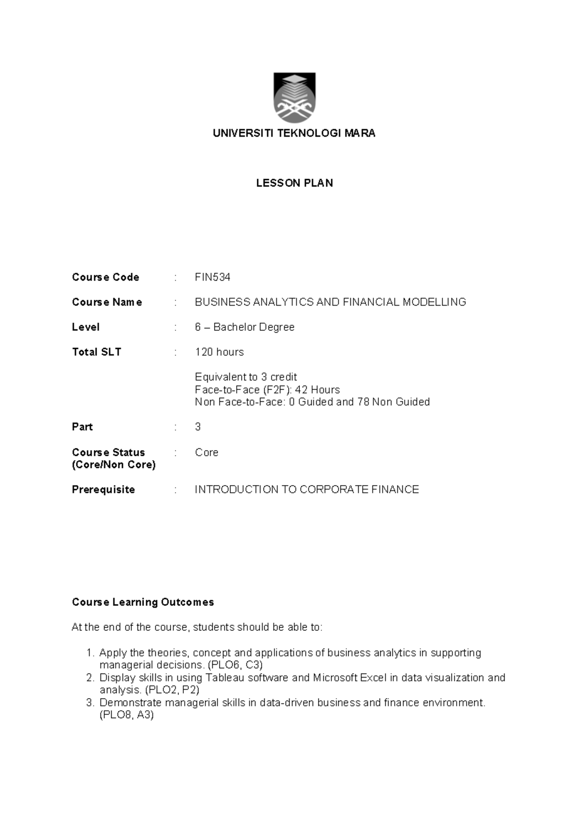 Lesson Plan - some of lecturer instruction - UNIVERSITI TEKNOLOGI MARA ...