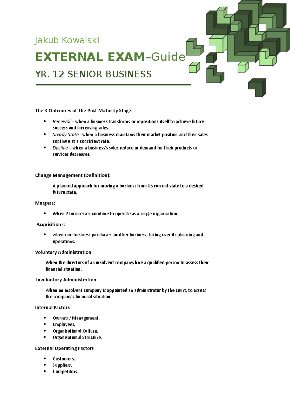 Yr 12 Business - External Exam - Revision Sheet - Jakub Kowalski ...