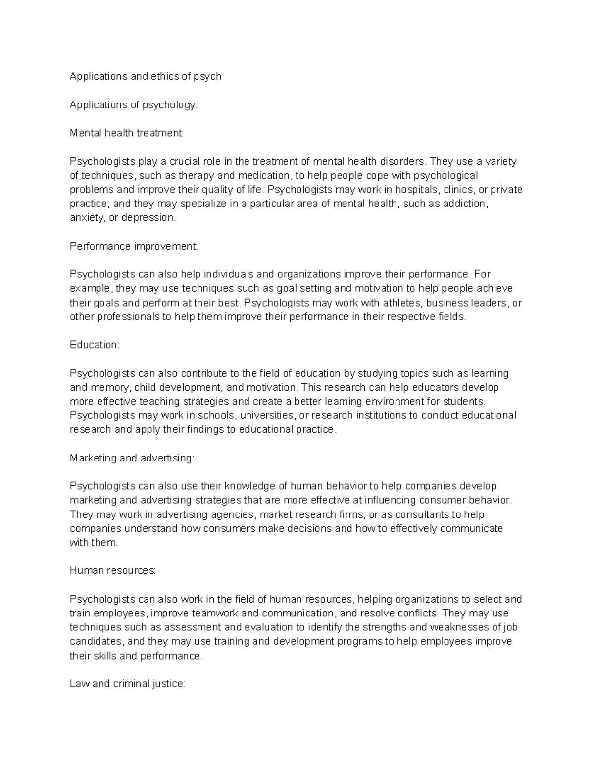 Psyc applications and ethics - Applications and ethics of psych ...