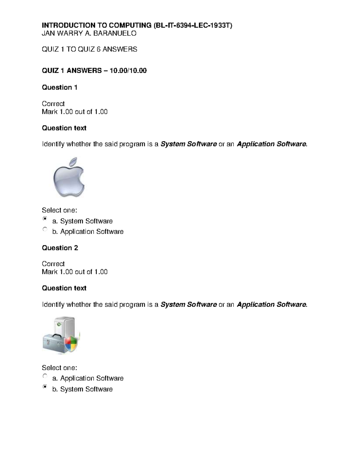 Toaz - Laban AMAERS - JAN WARRY A. BARANUELO QUIZ 1 TO QUIZ 6 ANSWERS QUIZ 1 ANSWERS – 10/10 ...