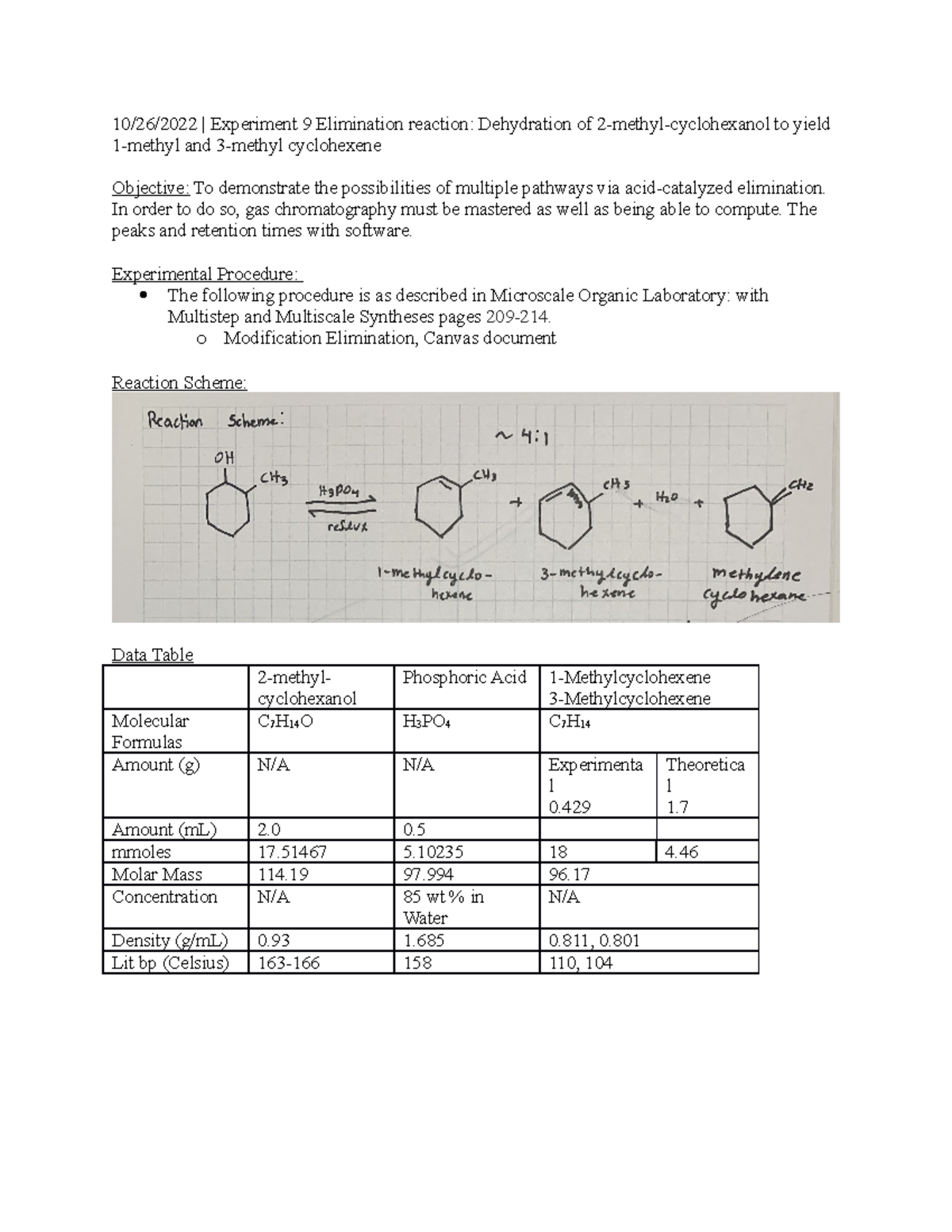 Experiment 9 Elimination reaction- Dehydration of 2-methyl-cyclohexanol to yield 1-methyl and ...