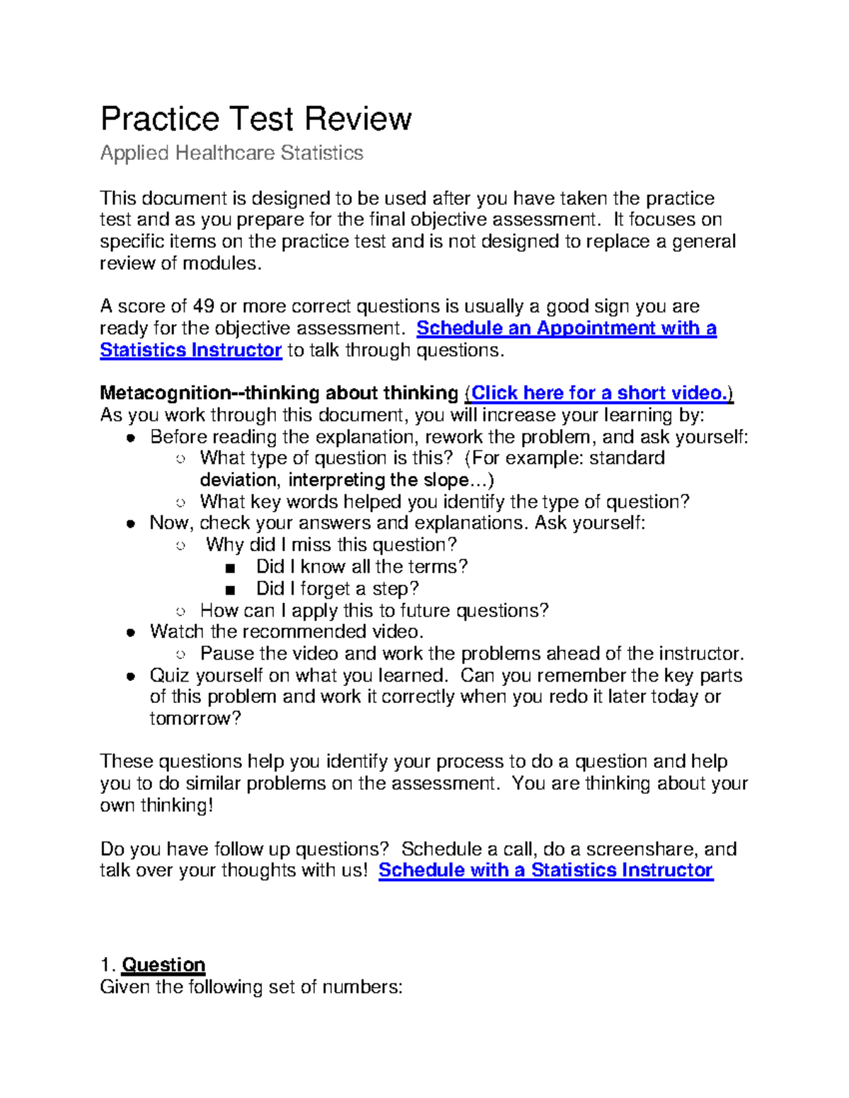 Practice Test 1 Review Document, Applied Healthcare Statistics ...