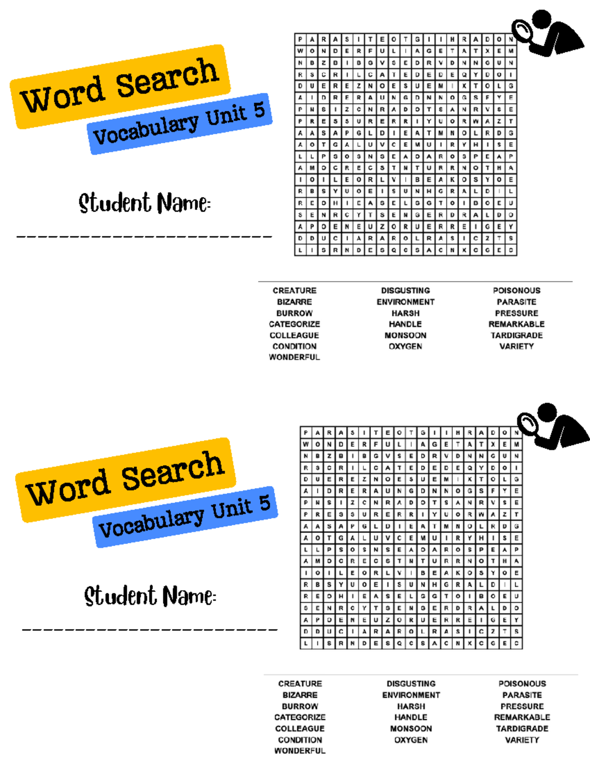 WORD SEARCH PUZZLE - English I - Student Name ...