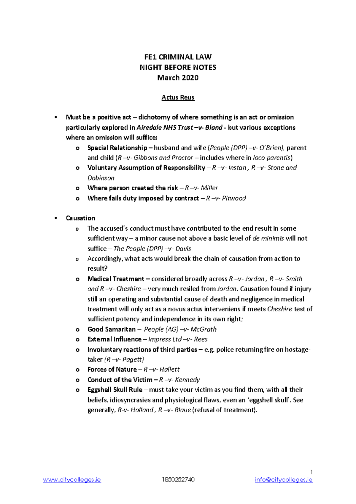 Criminal 2020 - 1 FE1 CRIMINAL LAW NIGHT BEFORE NOTES March 2020 Actus ...