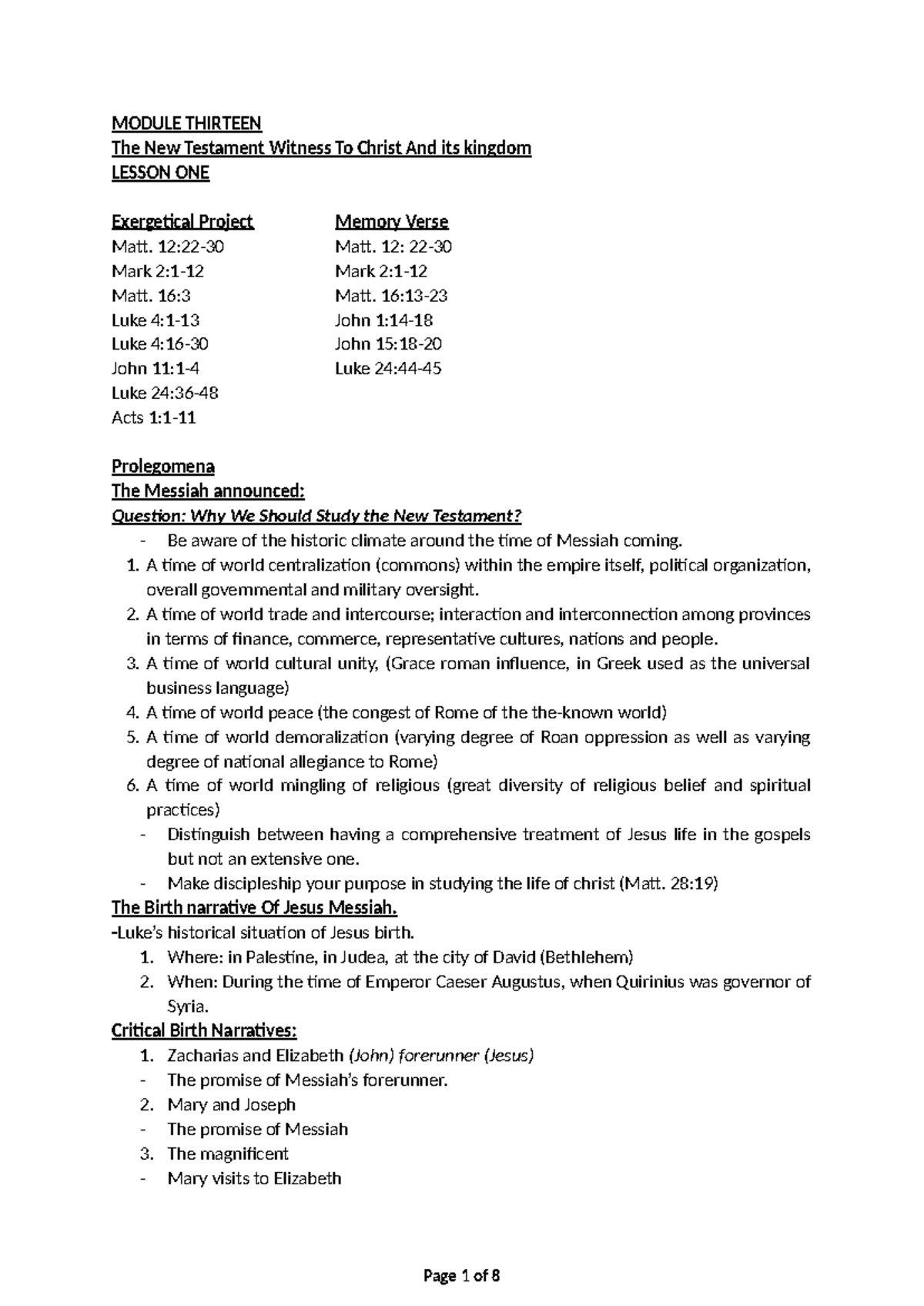Module Thirteen - Summary - MODULE THIRTEEN The New Testament Witness ...