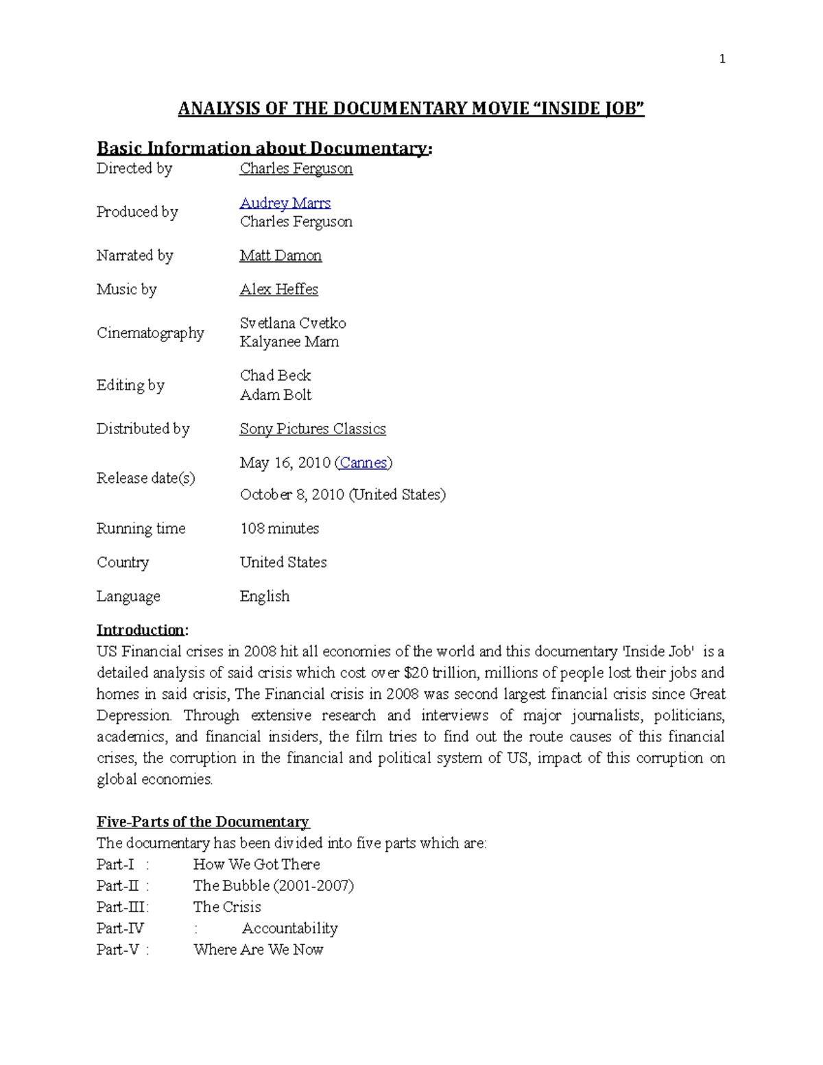 Analysis OF THE Documentary Movie Inside - ANALYSIS OF THE DOCUMENTARY ...