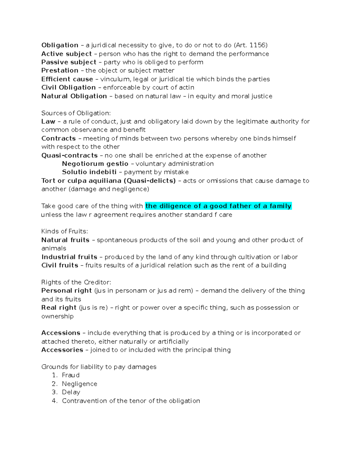 RFBT Terminologies Summary - Obligation a juridical necessity to give ...