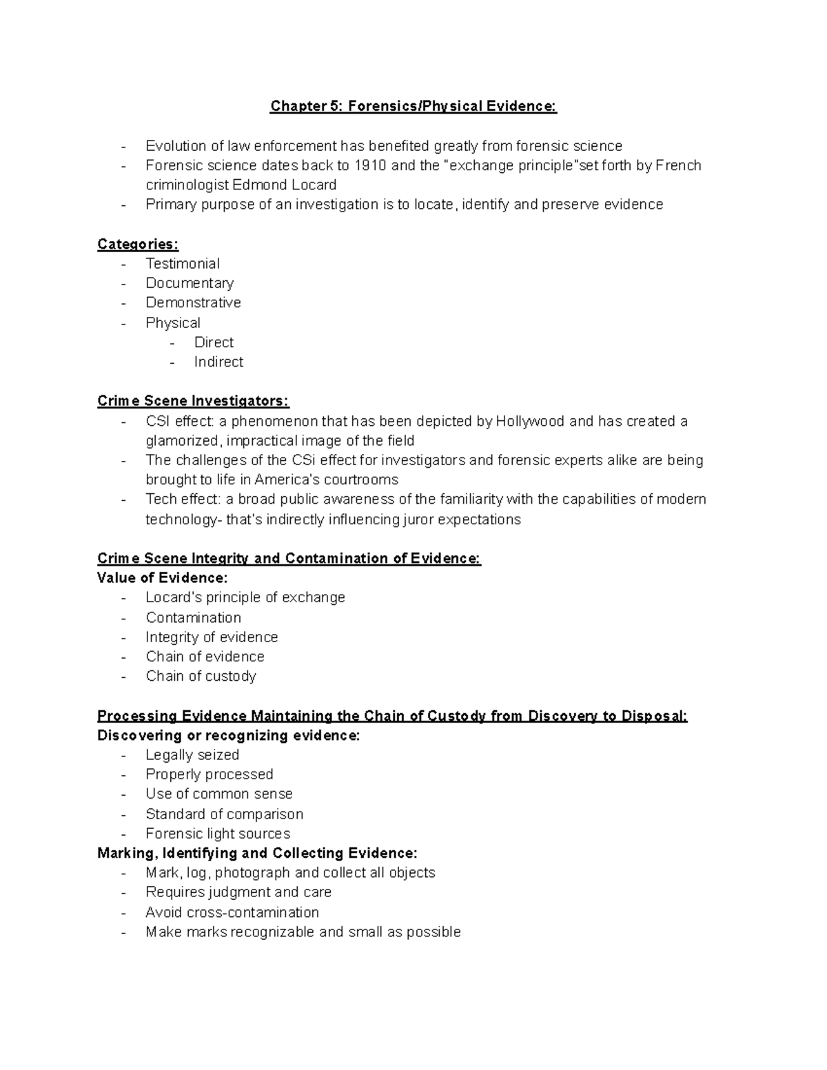 Chapter 5 Crim. Invest - notes - Chapter 5: Forensics/Physical Evidence ...