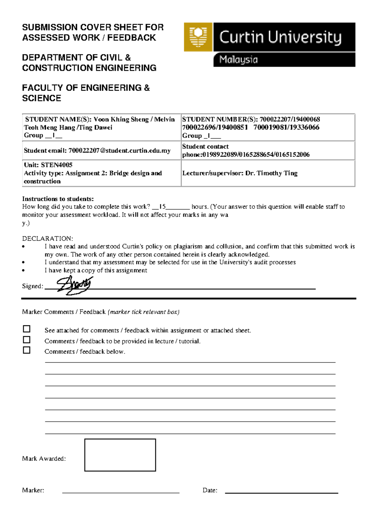 475646 assignsubmission file Group 1 - SUBMISSION COVER SHEET FOR ASSESSED WORK / FEEDBACK - Studocu