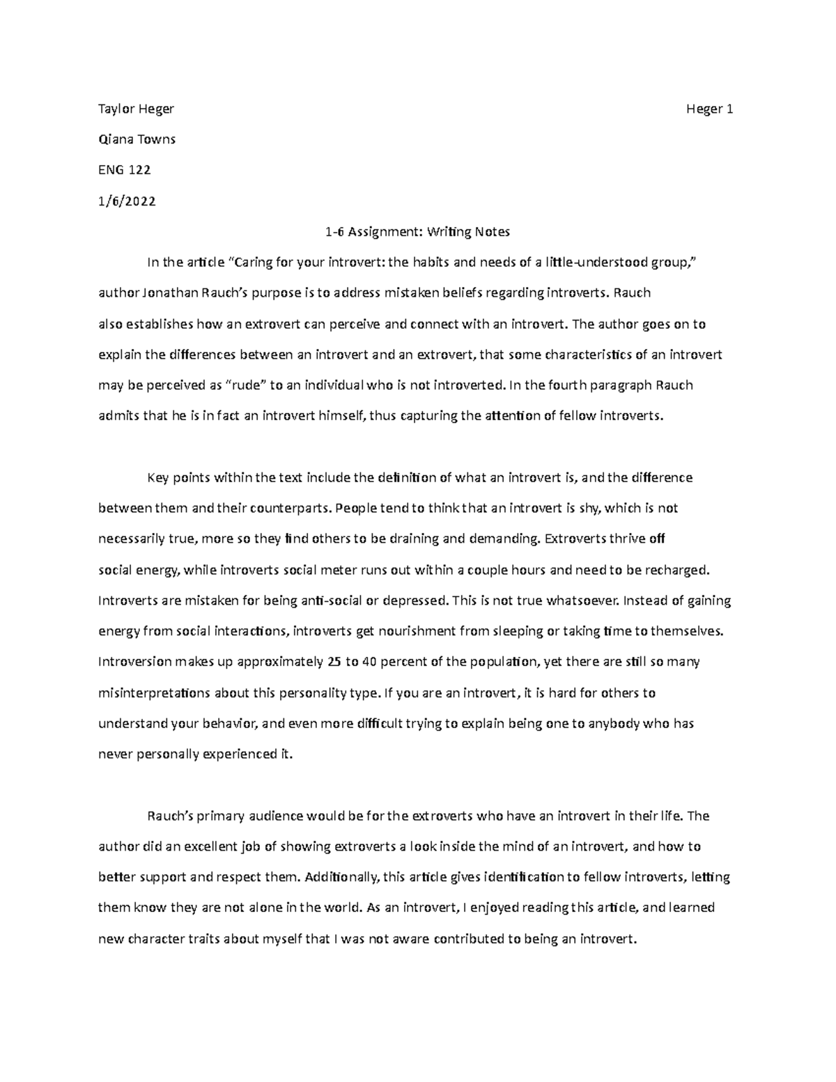 ENG 122 Writing Notes - Taylor Heger Heger 1 Qiana Towns ENG 122 1/6/ 1 ...