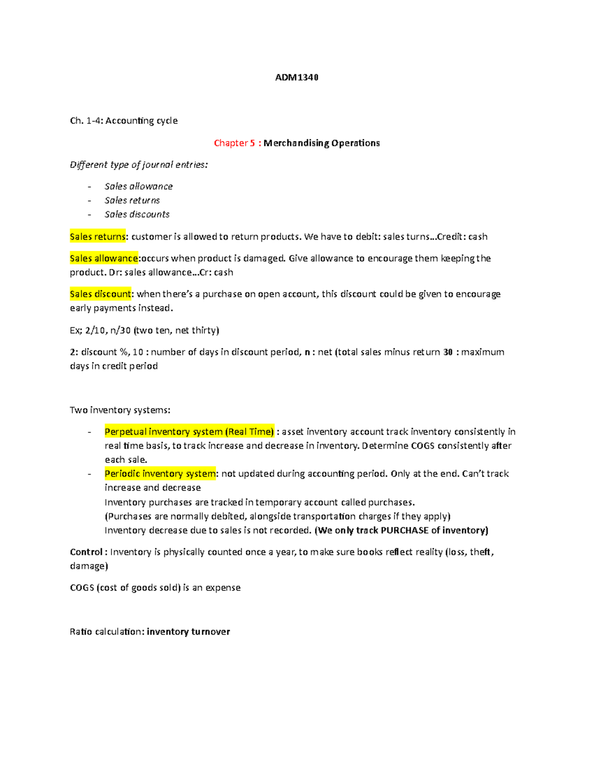 ADM1340 Notes - Ch 1-4 - ADM Ch. 1-4: Accounting cycle Chapter 5 ...
