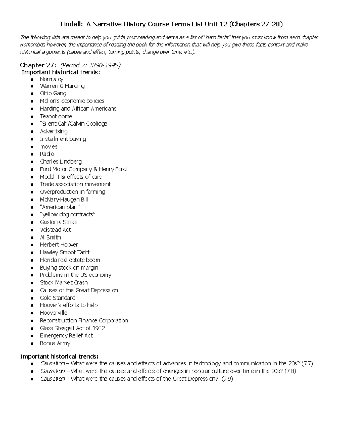 Unit 12 2022 - This is a list ofstudy terms - Tindall: A Narrative ...