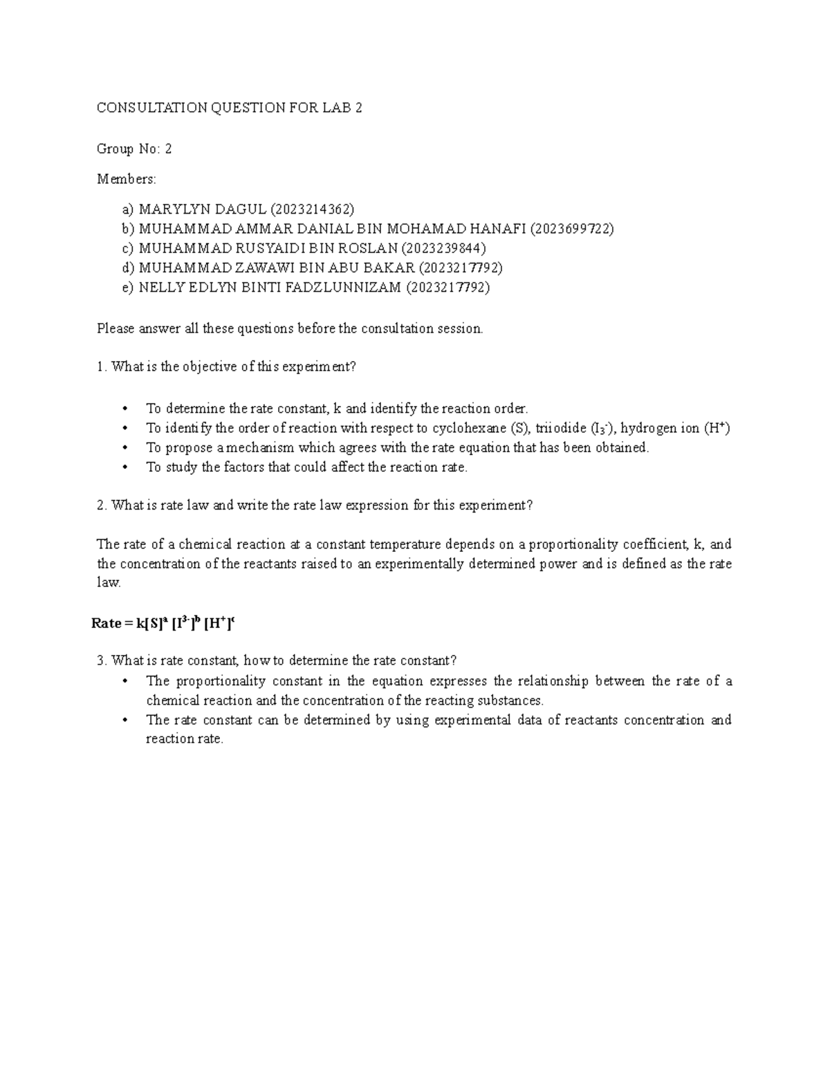 Consultation lab 2 - CONSULTATION QUESTION FOR LAB 2 Group No: 2 ...