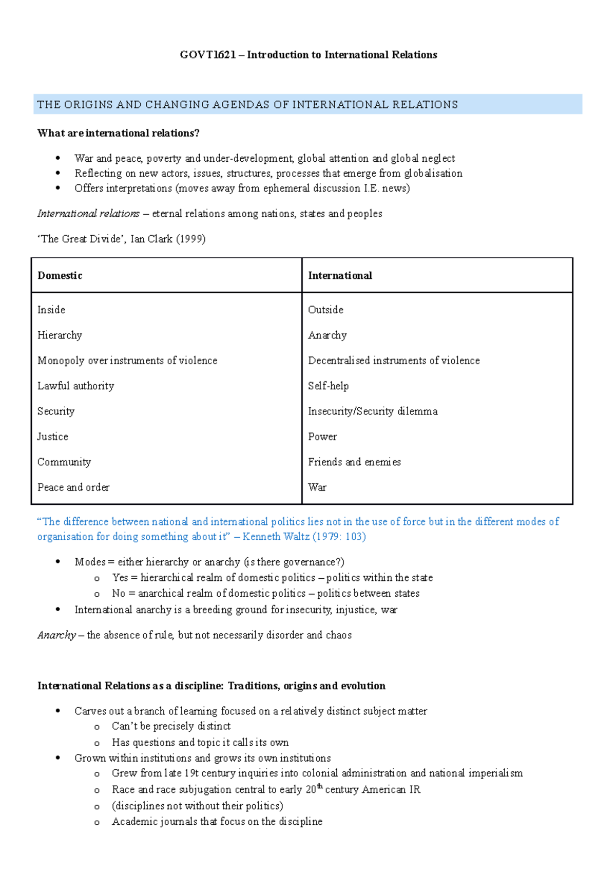 GOVT1621 textbook notes - GOVT1621 – Introduction to International ...
