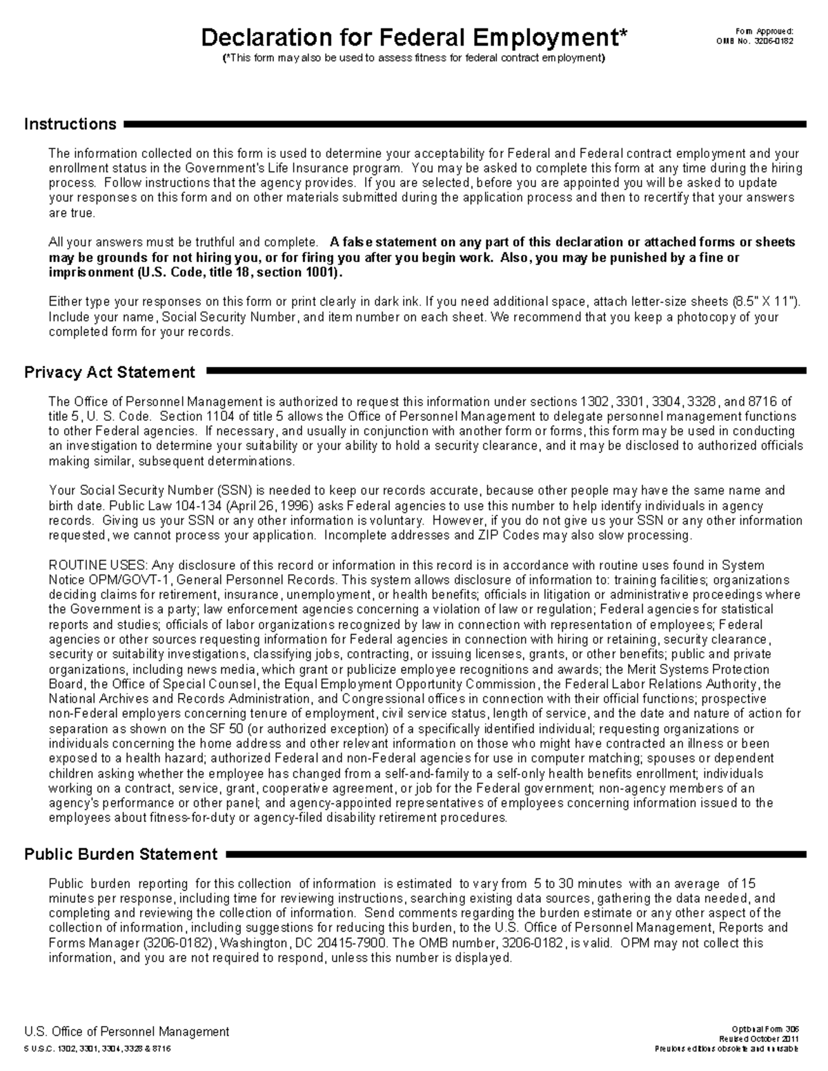 Of306 - Notes - Declaration for Federal Employment* (*This form may ...