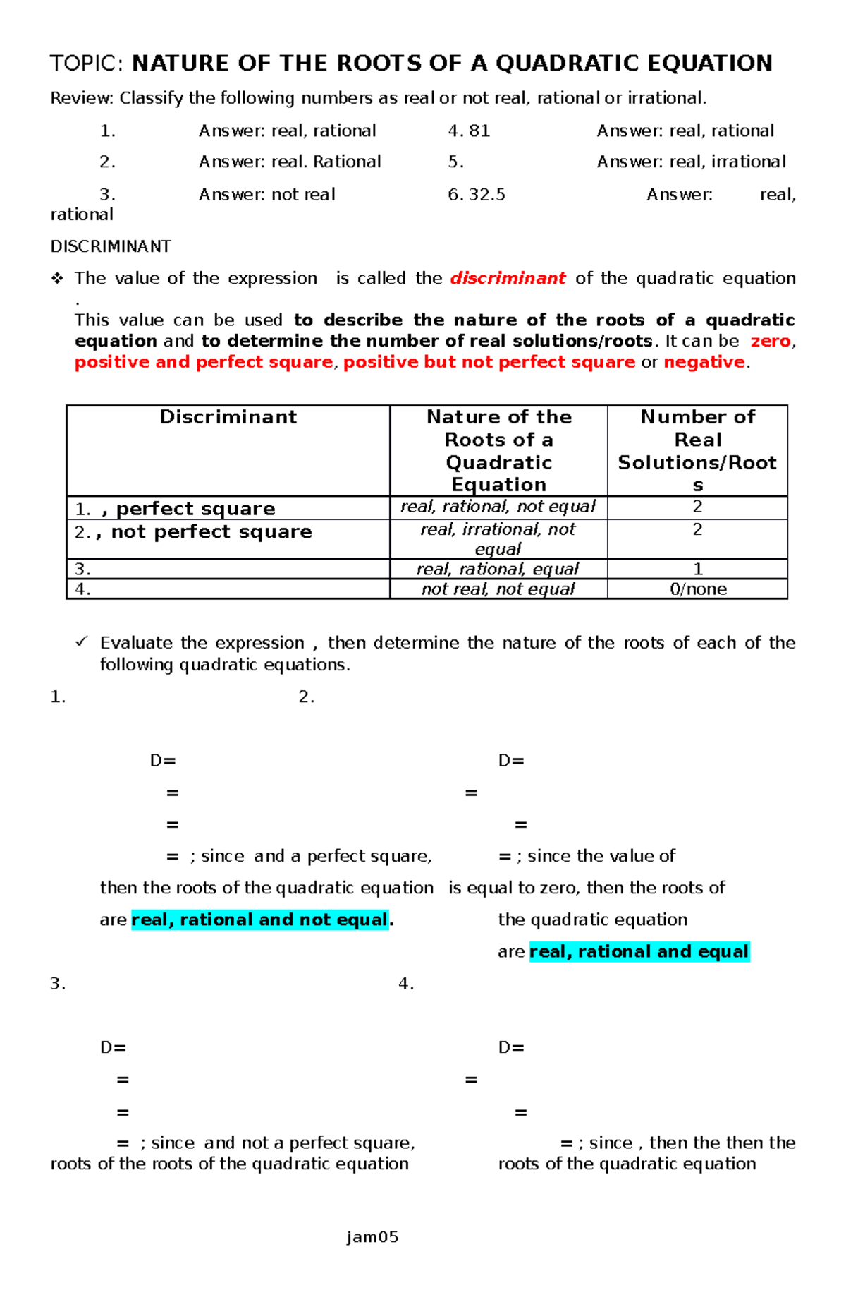 Hand-out-Discriminant - TOPIC: NATURE OF THE ROOTS OF A QUADRATIC ...