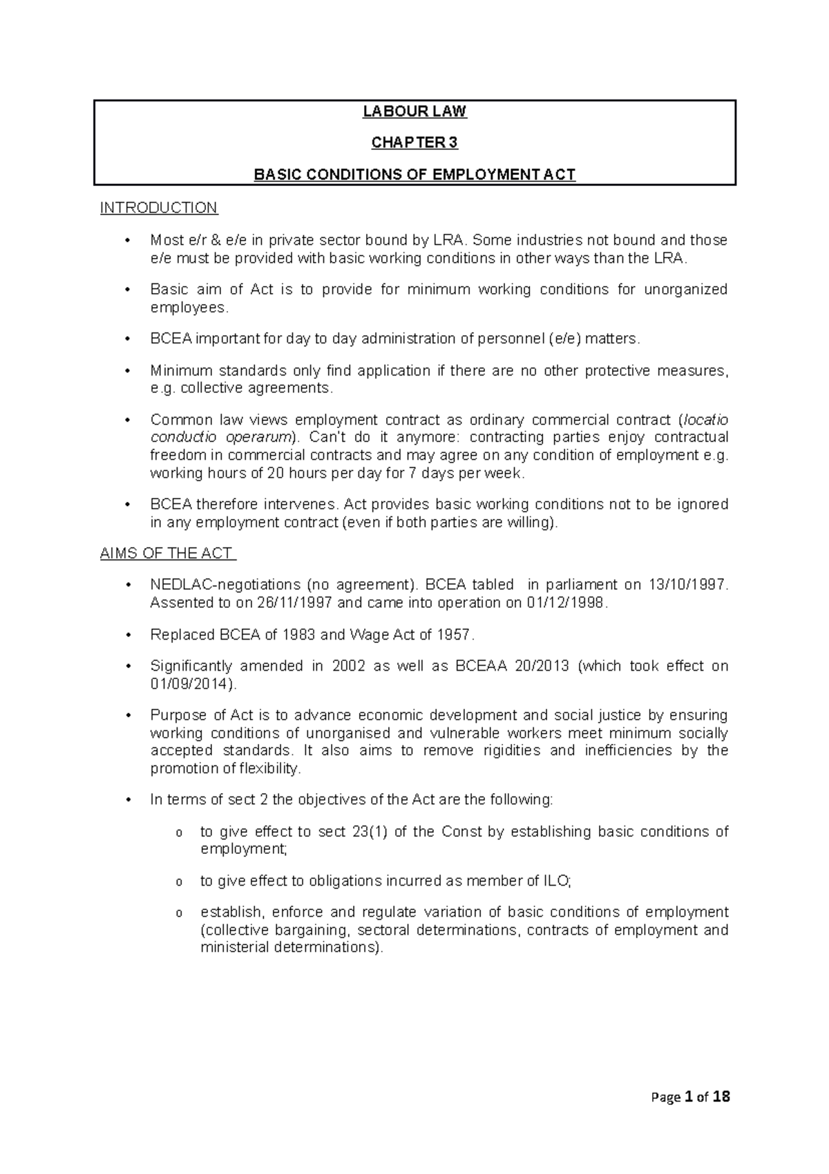 Labour LAW- Chapter 3 BCEA - MRL3702 - Unisa - Studocu