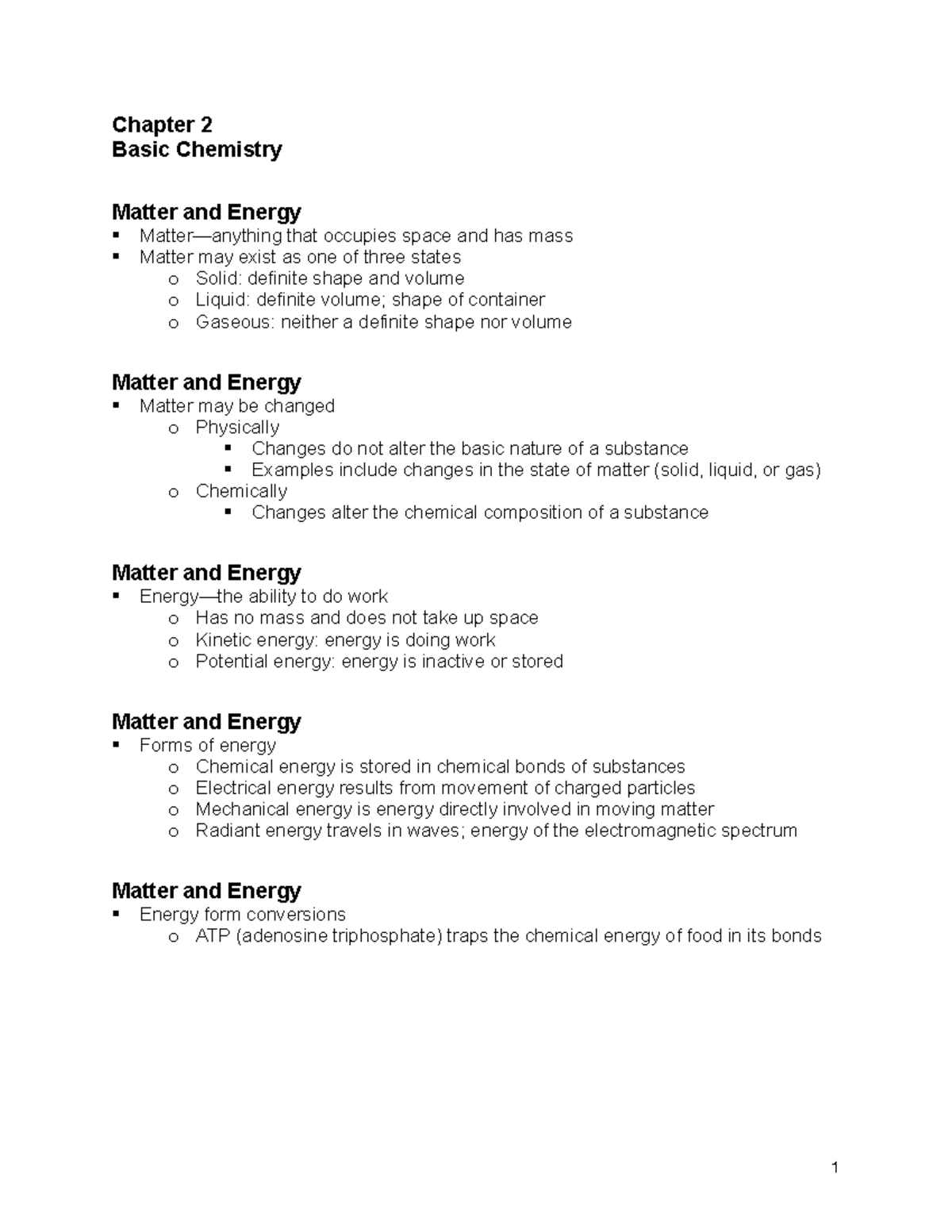 BSC 130 - Chapter 2 - Study hard. - Chapter 2 Basic Chemistry Matter ...
