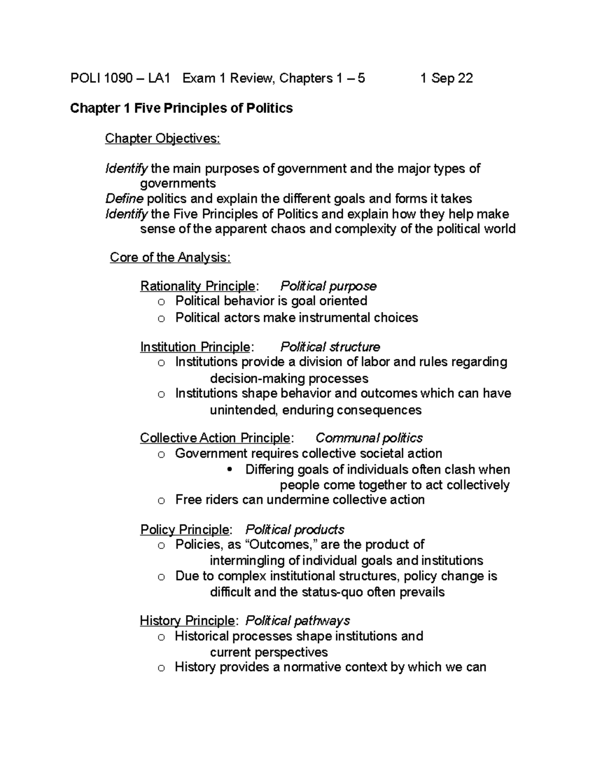 Fa 22 Exam 1 review - completed study guide - POLI 1090 – LA1 Exam 1 ...