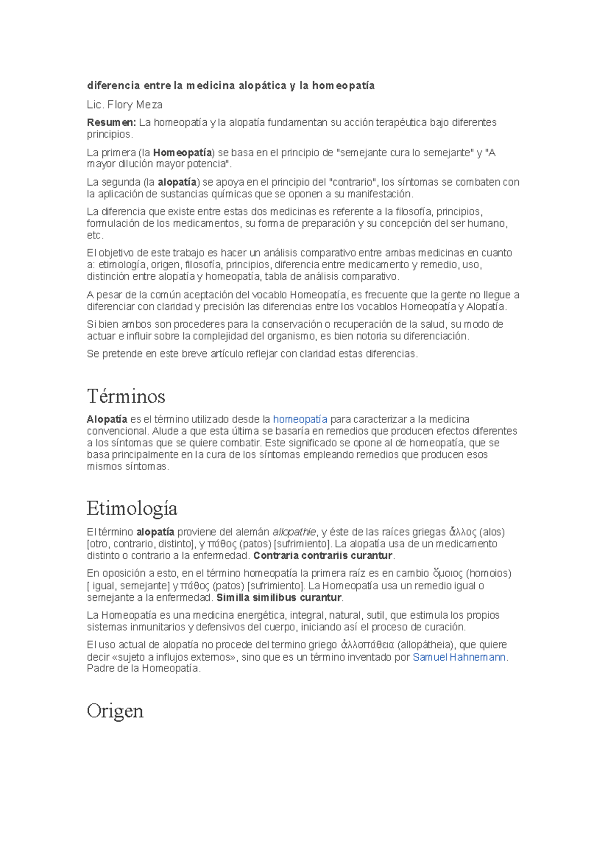 Diferencia entre la medicina alopatica y - Flory Meza Resumen: La ...