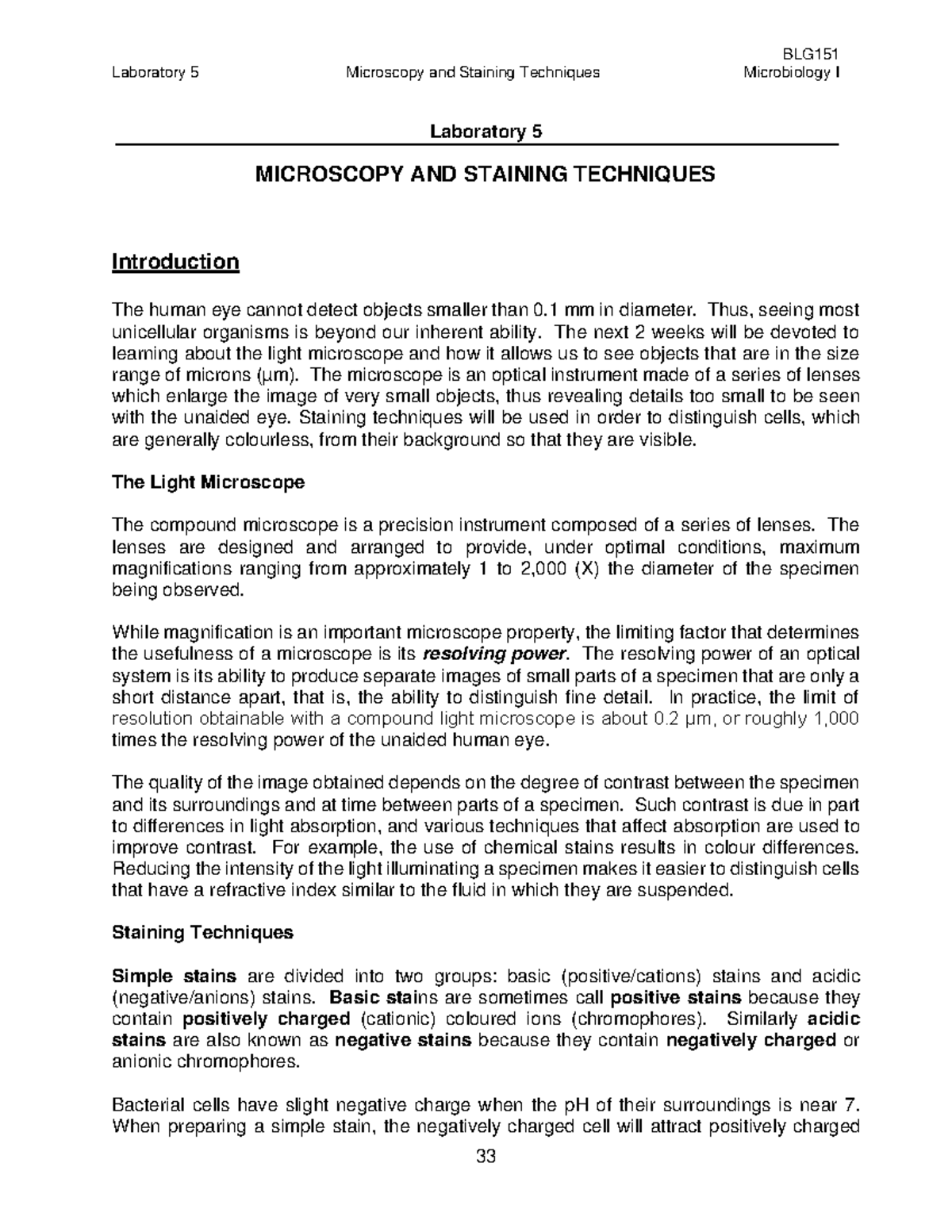 BLG151 Lab 5 Microscopy F2022 - Laboratory 5 Microscopy and Staining ...