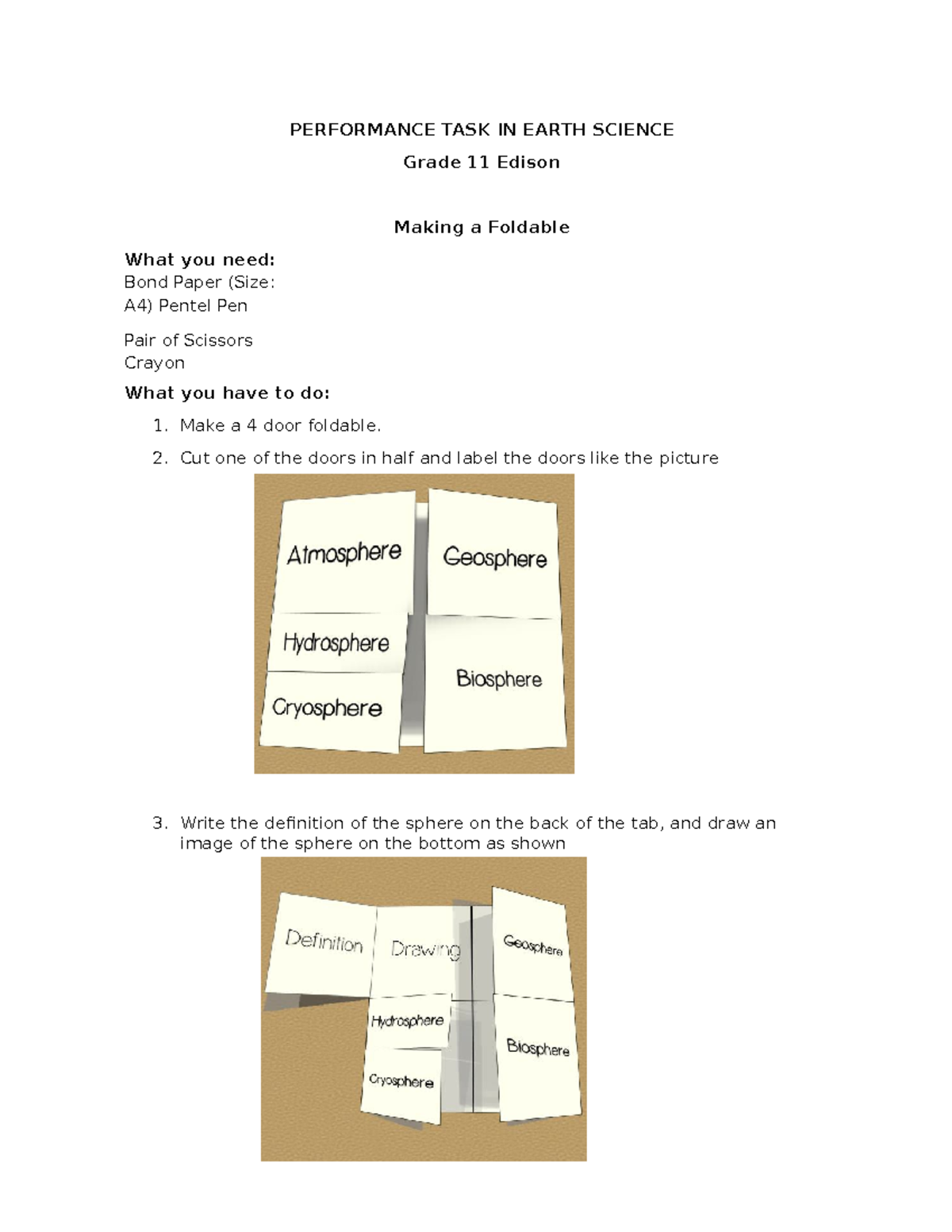 PT ES1 - Assignment earth sci - PERFORMANCE TASK IN EARTH SCIENCE Grade ...