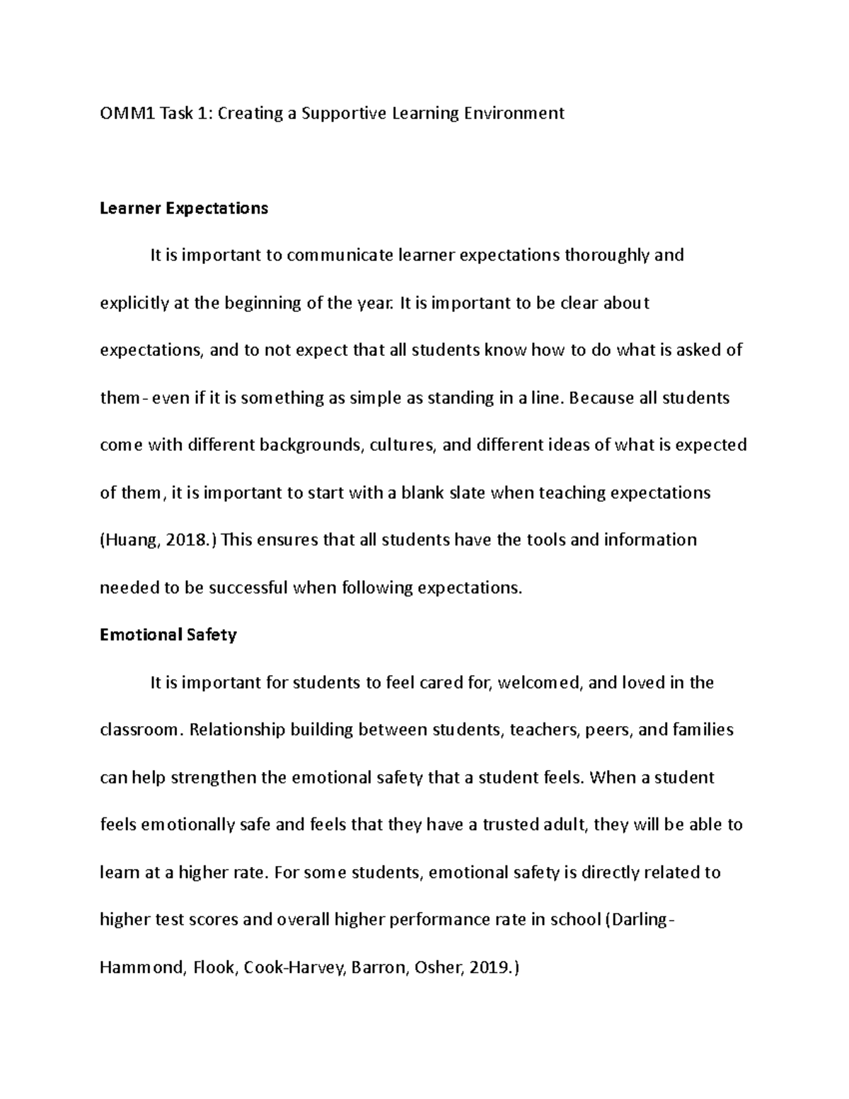 OMM1 Task 1 - OMM1 TASK 1: CREATING A SUPPORTIVE LEARNING ENVIRONMENT ...