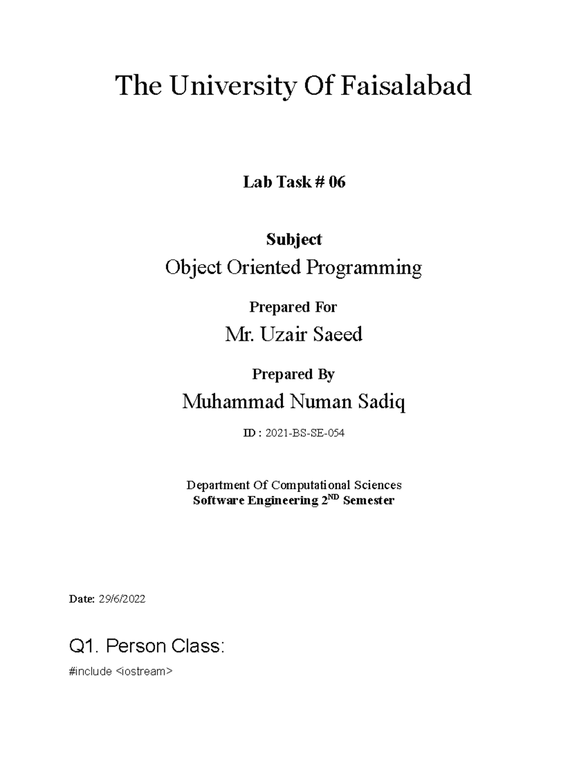 Lab task 6 054 - working - The University Of Faisalabad Lab Task # 06 Subject Object Oriented ...