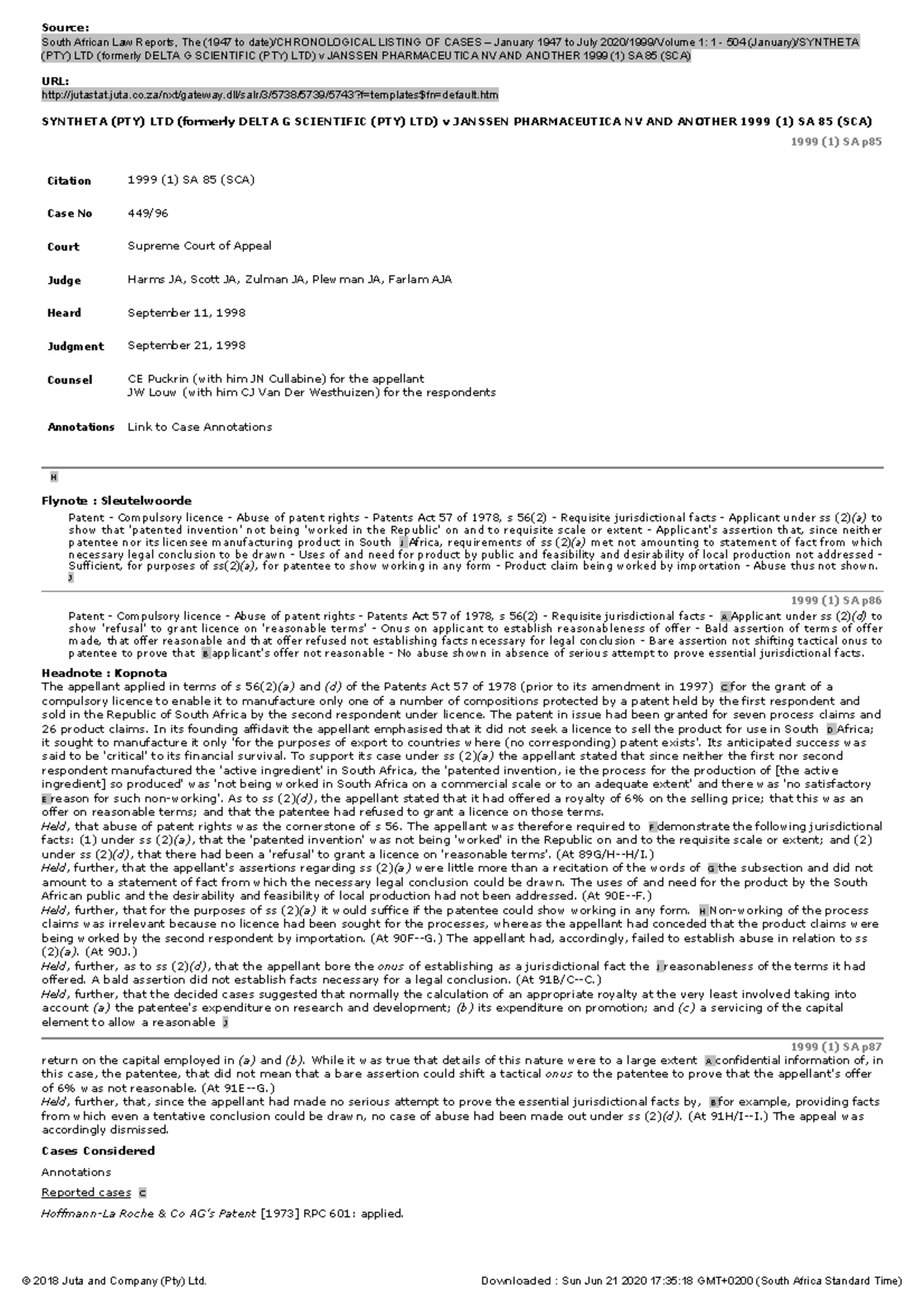 Syntheta PTY LTD formerly Delta G Scientific PTY LTD v Janssen Pharmaceutica - - Studocu