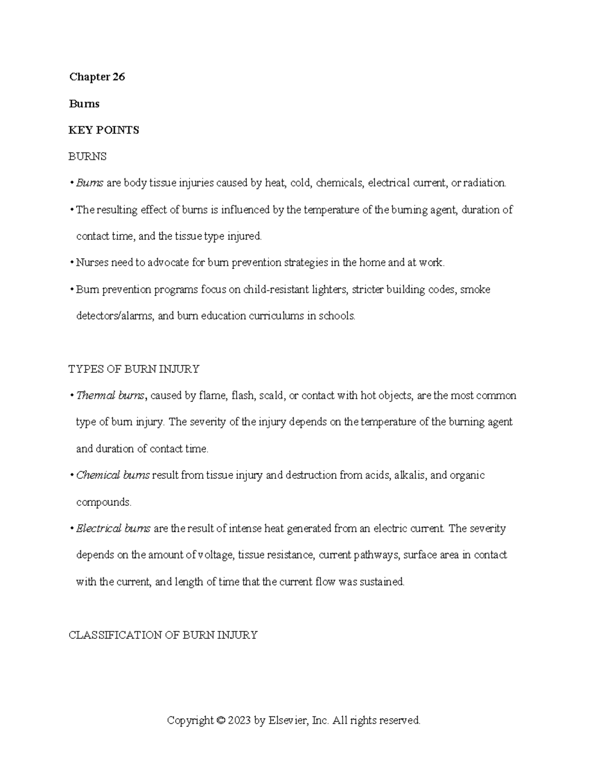 Chapter 026 - CH 26 SUMMARY - Chapter 26 Burns KEY POINTS BURNS Burns ...