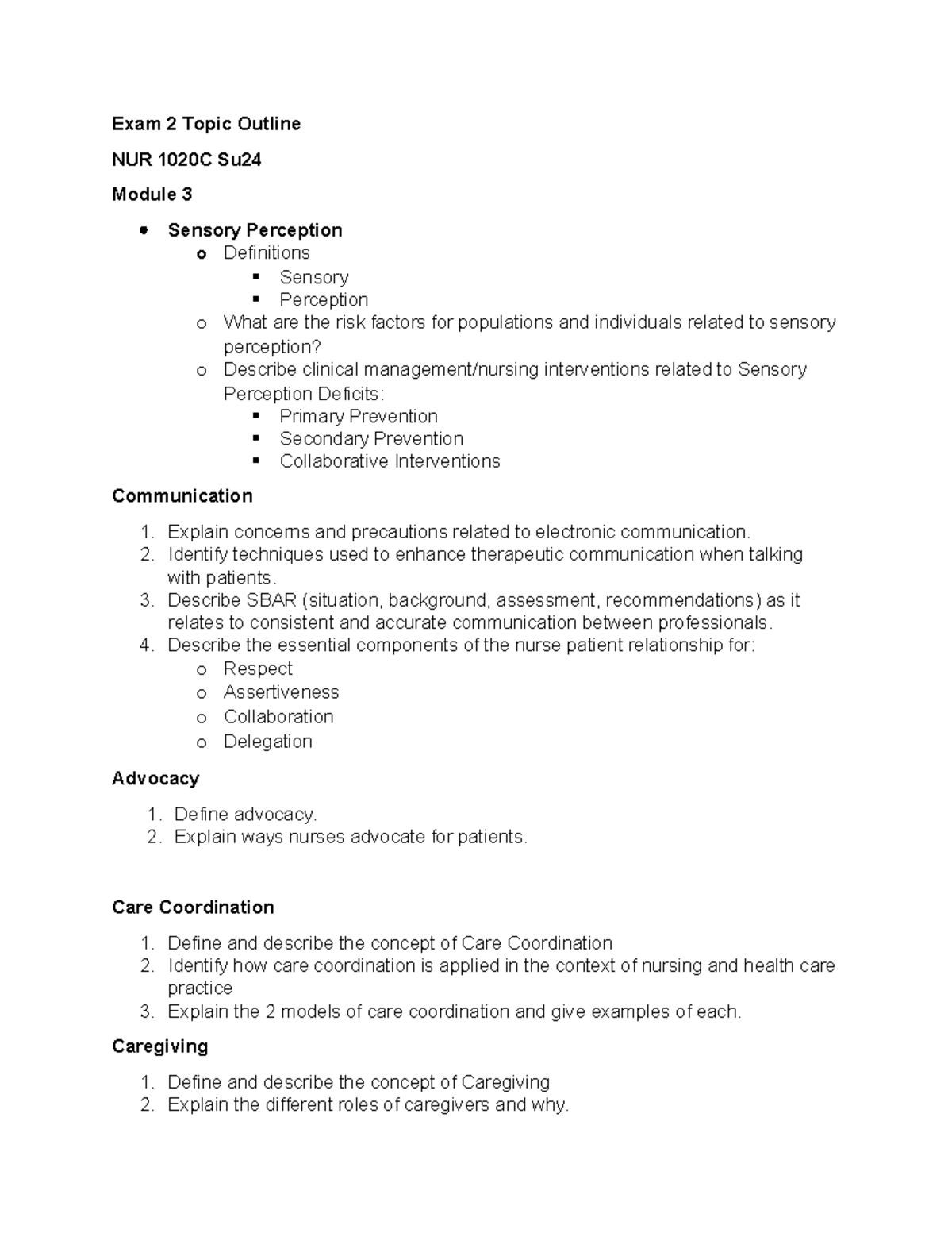 Exam 2 Topic Outline Mod 3,4 - Exam 2 Topic Outline NUR 1020C Su Module ...