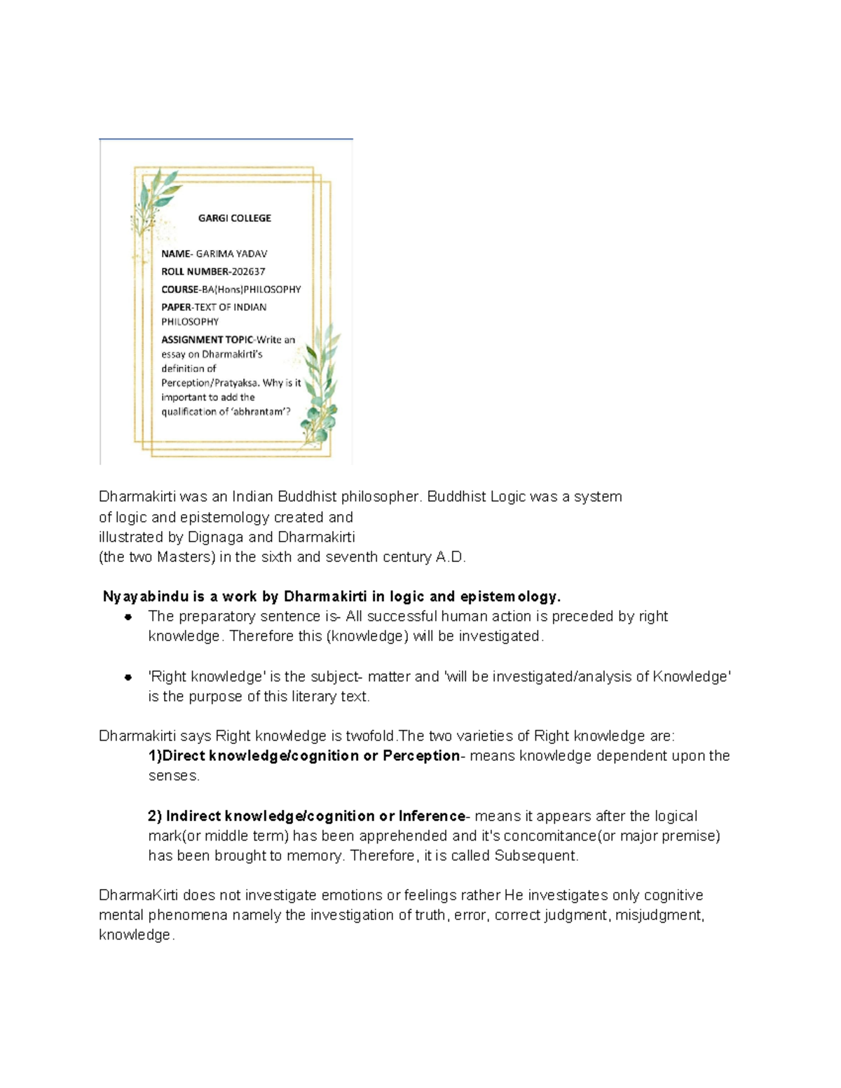 Perception -IP Assignment - Dharmakirti was an Indian Buddhist ...