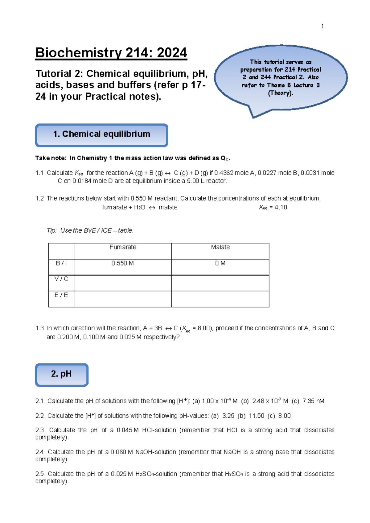 Questions Tut 1 - 1 Biochemistry 214: 2024 Tutorial 2: Chemical ...