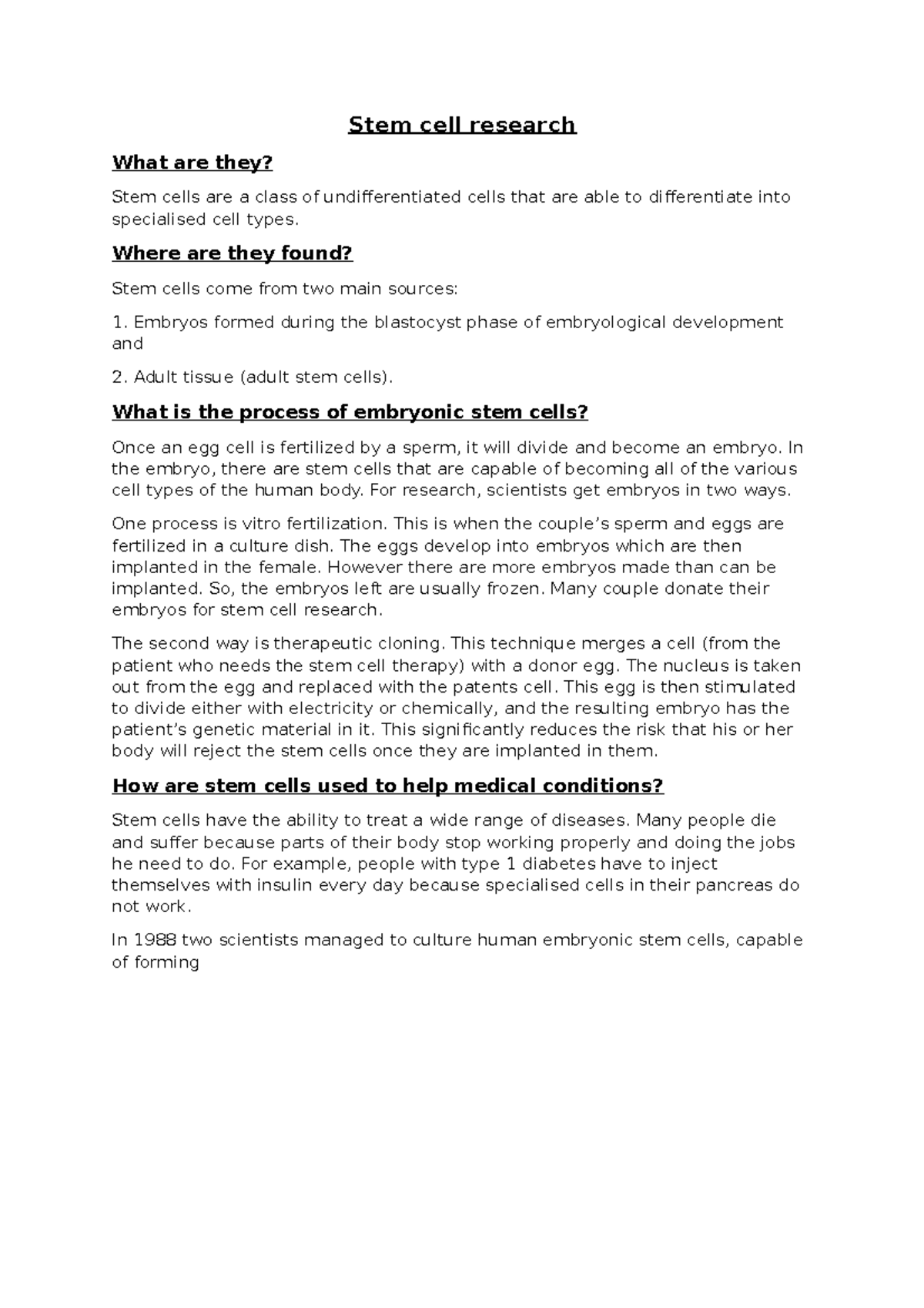 Stem cell research - stem sell rvsion otes to help give you a basic ...