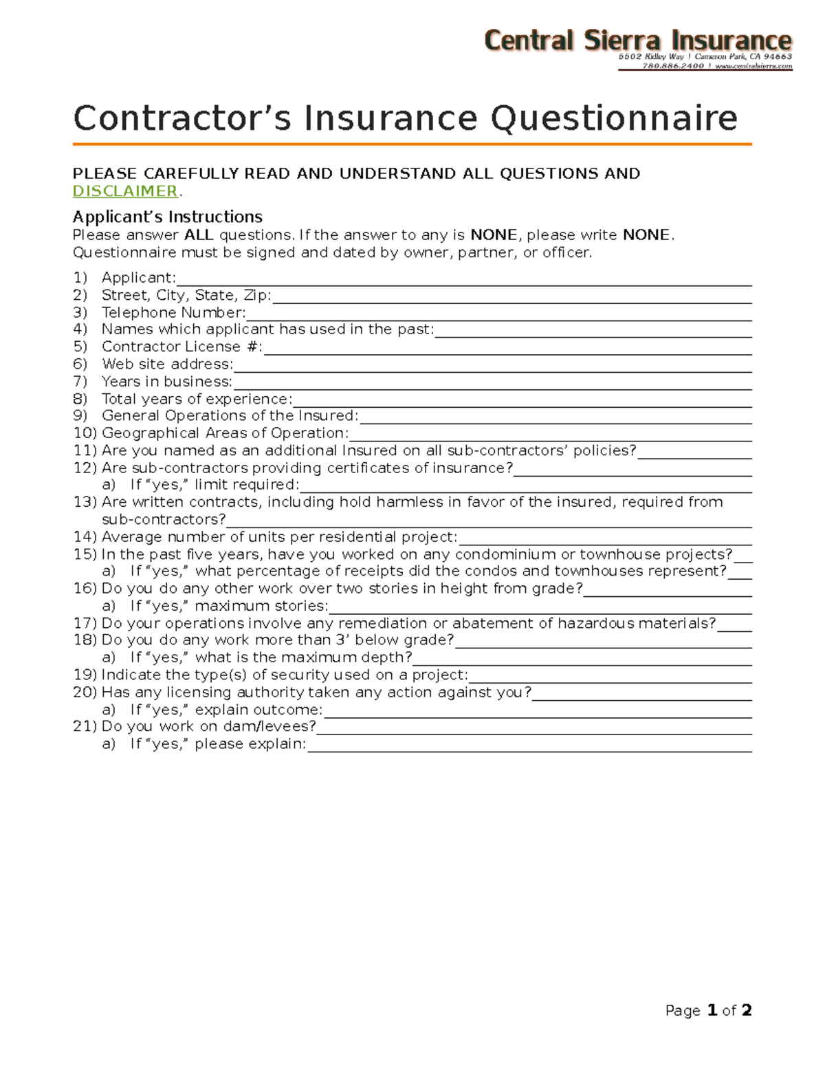 Cgs1100 Microcomputer Applications Contractors Insurance Questionnaire Please Carefully Read