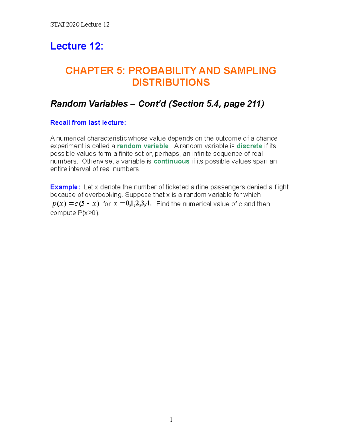 Lec12(online) - lecture12 - Lecture 12: CHAPTER 5: PROBABILITY AND ...