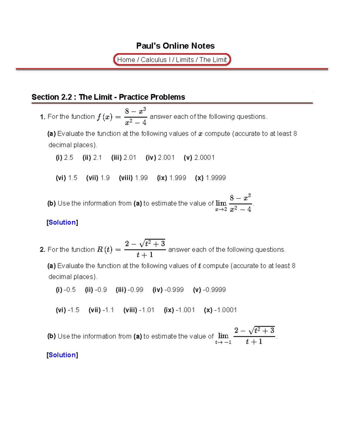 Calculus I - The Limit (Practice Problems) - Paul's Online Notes Home ...