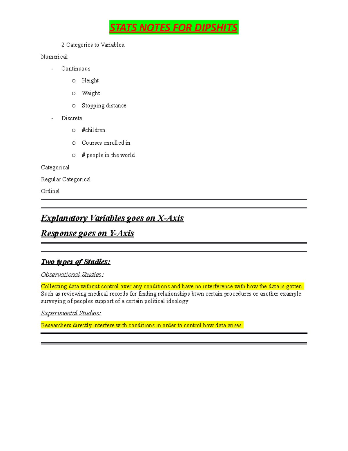 Stats Notes - STATS NOTES FOR DIPSHITS 2 Categories to Variables ...
