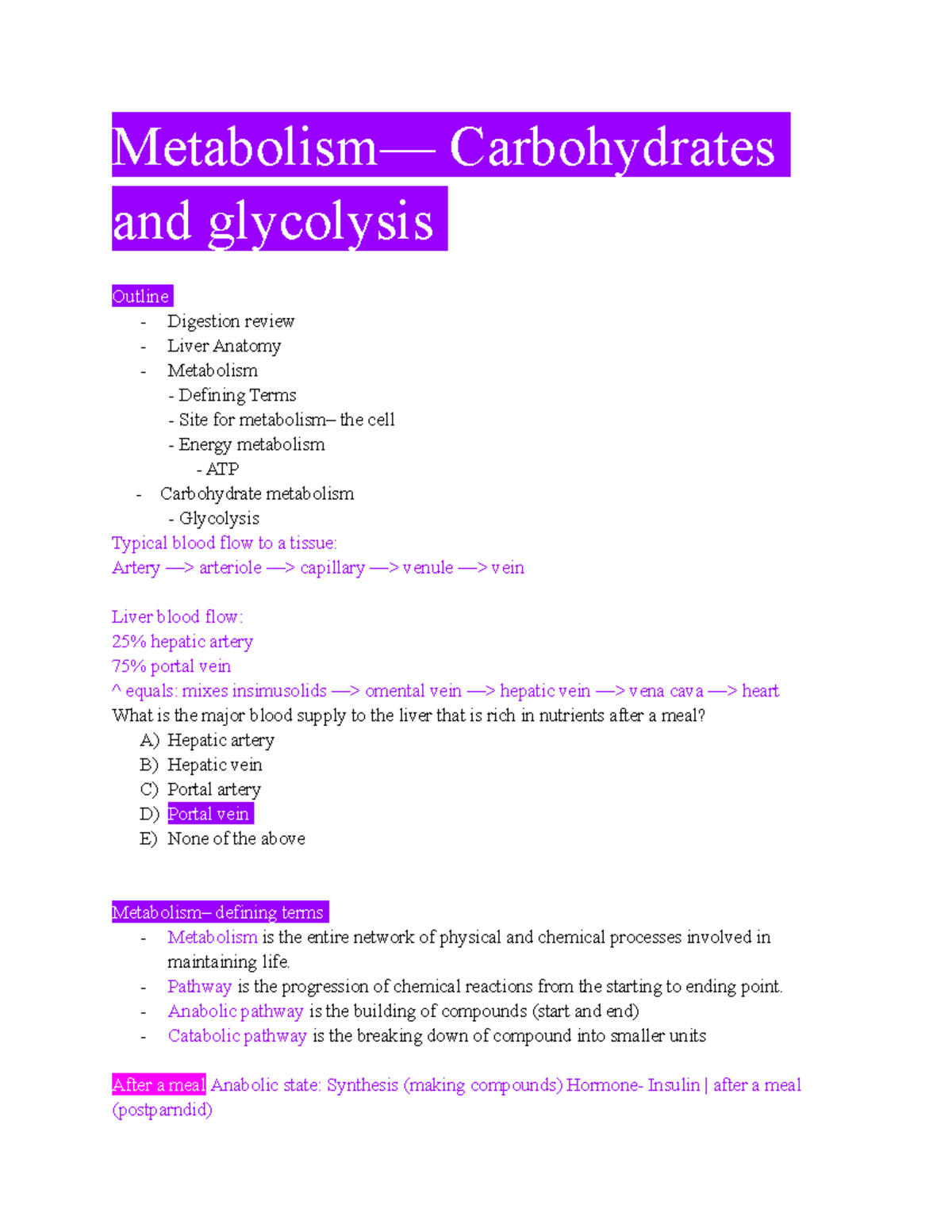 Nutrition Week 6 - notes - Metabolism— Carbohydrates and glycolysis ...