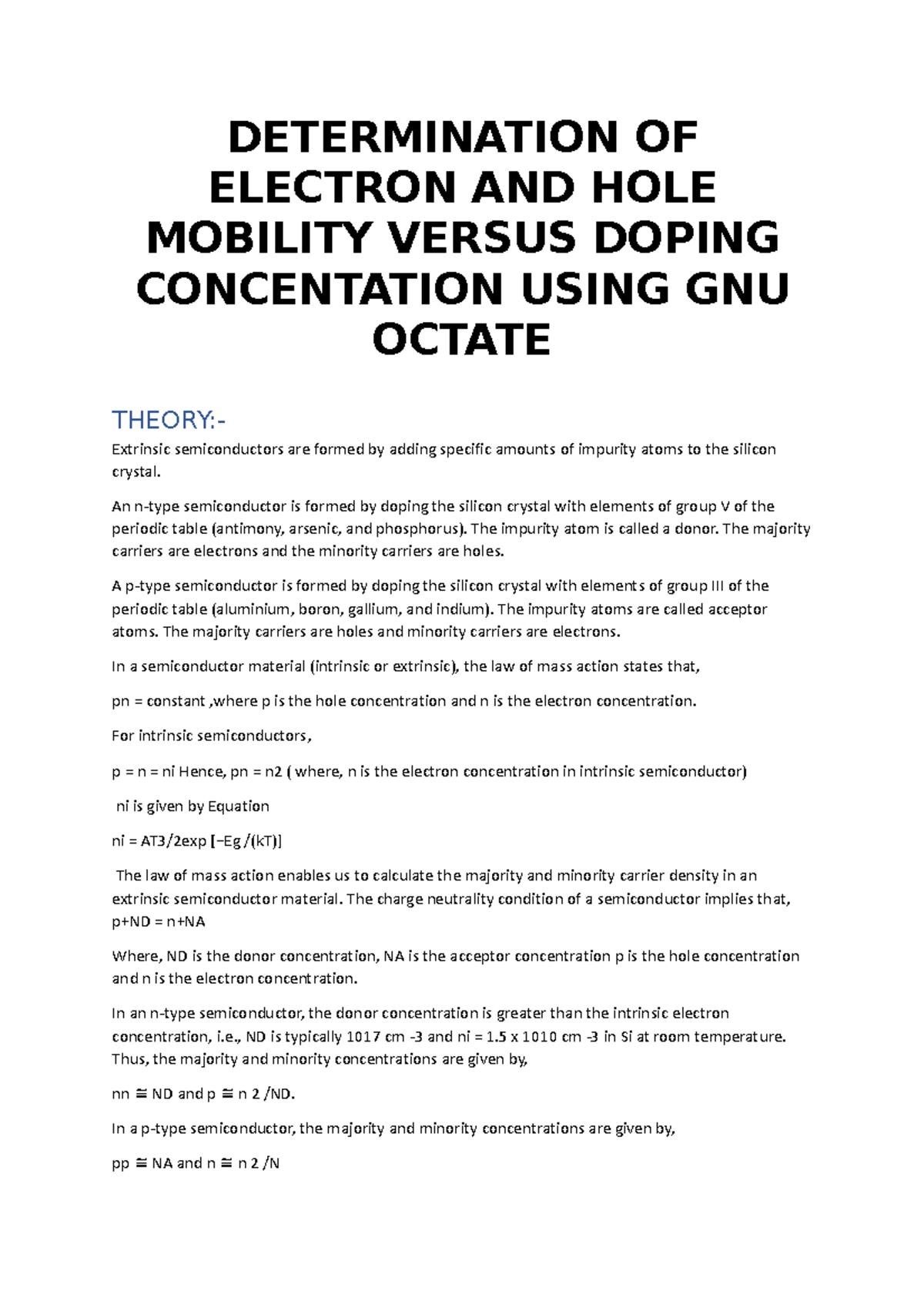 Physics EXP 5 - PSY 5 EXP - DETERMINATION OF ELECTRON AND HOLE MOBILITY ...