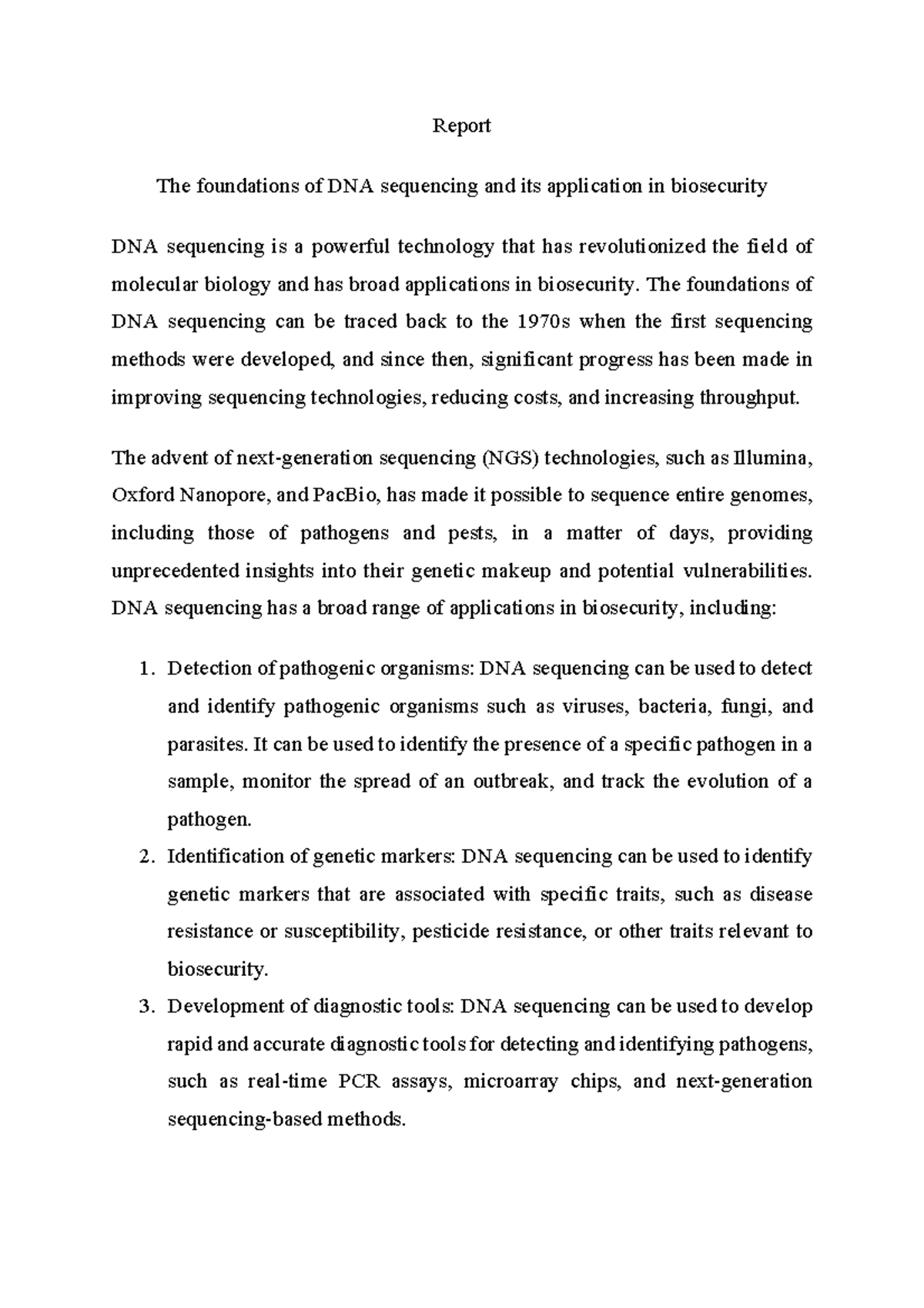 Report- The foundations of DNA sequencing and its application in ...