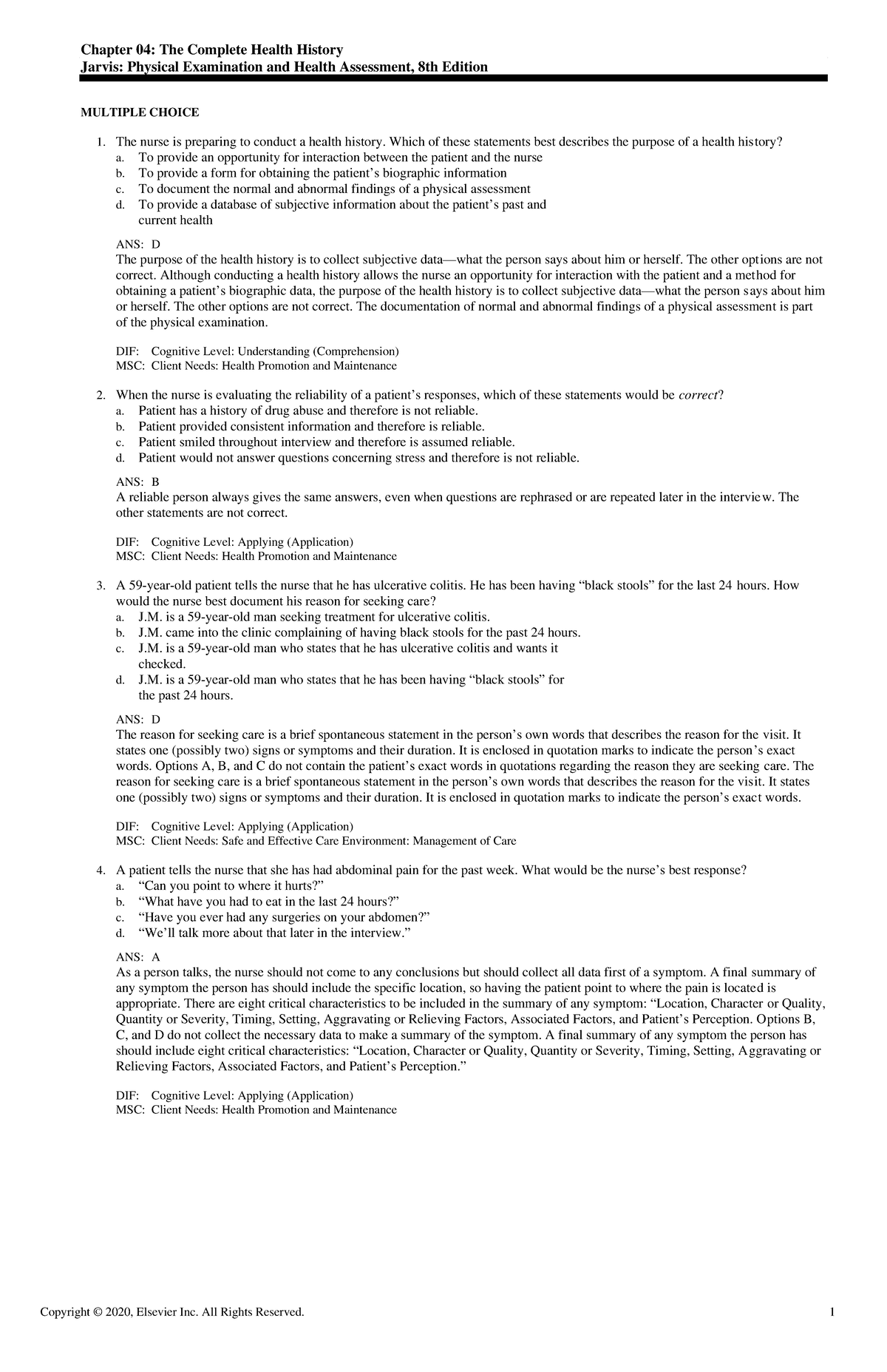 Exam View - Chapter 04 - Chapter 04: The Complete Health History Jarvis ...