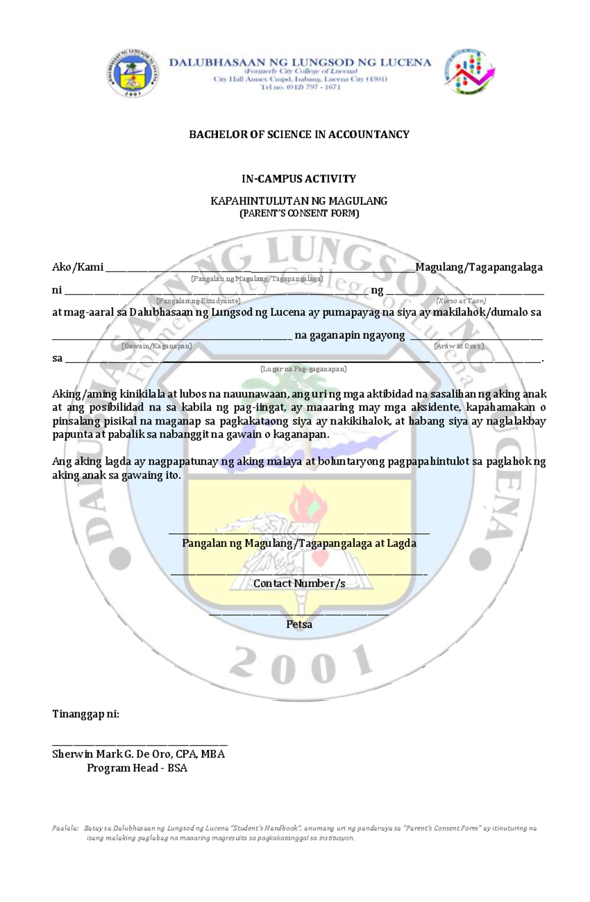 IN Campus Activity Waiver Forms BSA - BACHELOR OF SCIENCE IN ...