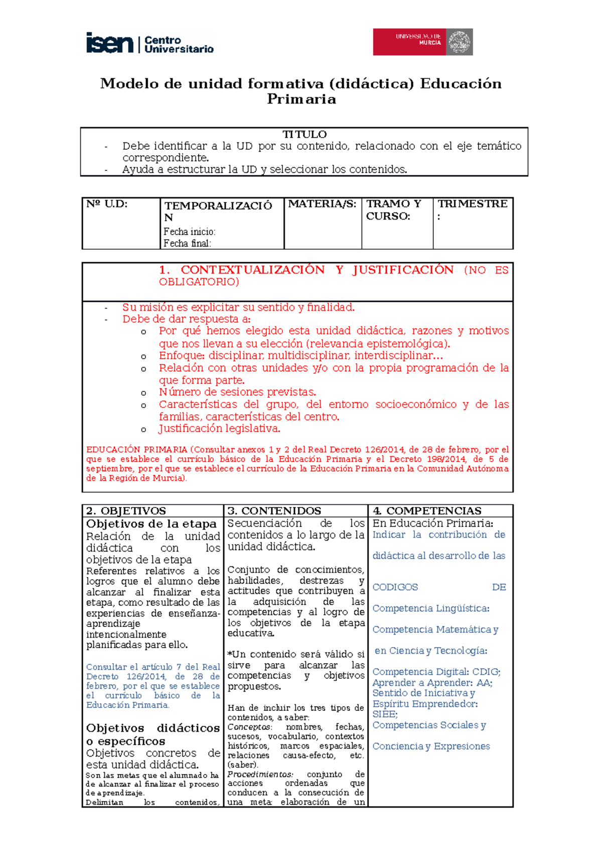 Modelo UD - Informe de cómo hacer una unidad didáctica - Modelo de unidad formativa (didáctica ...