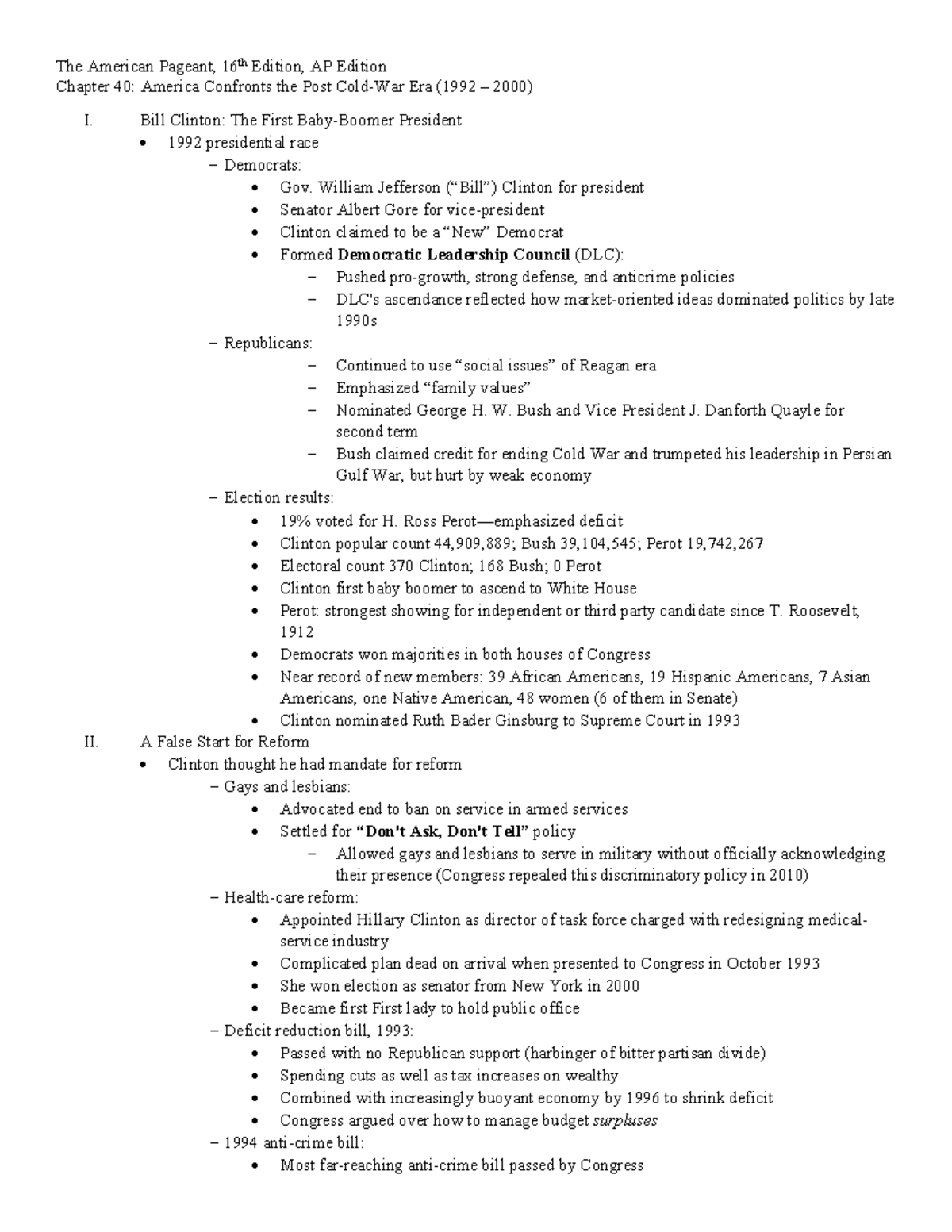 Chapter 40 - America Confronts the Post-Cold War Era - Bill Clinton ...