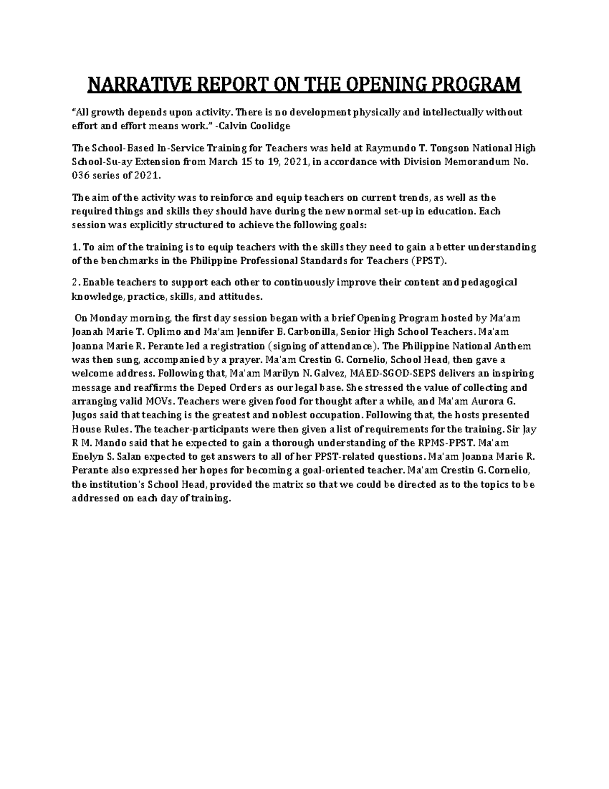 nlc narrative report - NARRATIVE REPORT ON THE OPENING PROGRAM “All ...