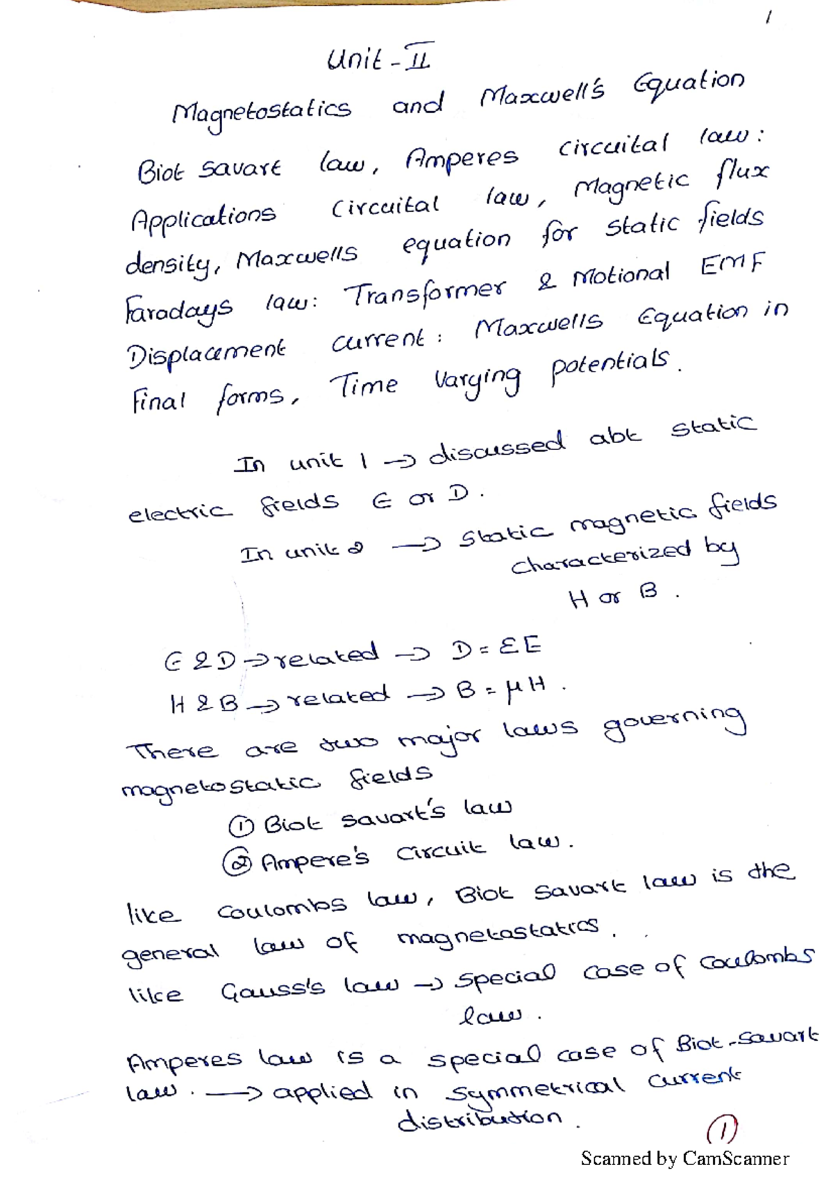 EMT Unit-2 Notes & problems - I unit Magnetostatics and Equation Biot ...