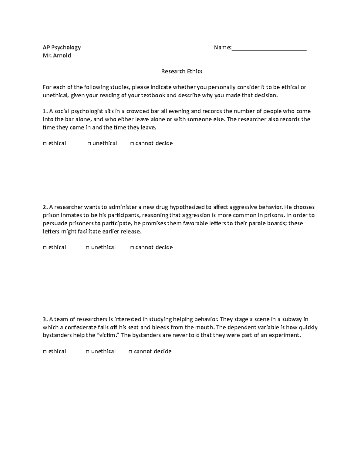 Research Ethics Worksheet - AP Psychology Name ...