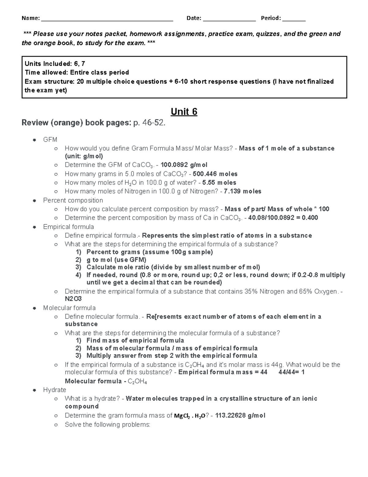 Exam 4 study guide - Unit 6 (Chemical Quantities) and Unit 7 (Chemical ...